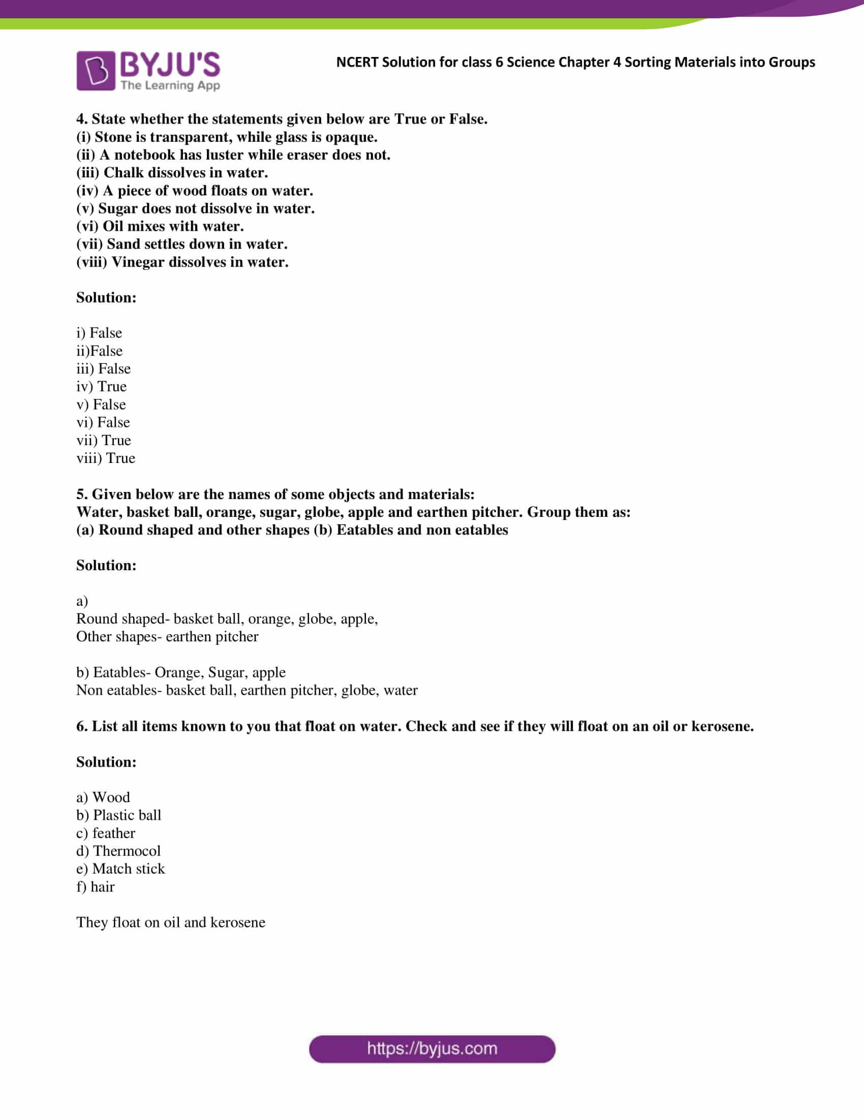 NCERT Solutions for Class 6 Science Chapter 4 Sorting Materials into ...
