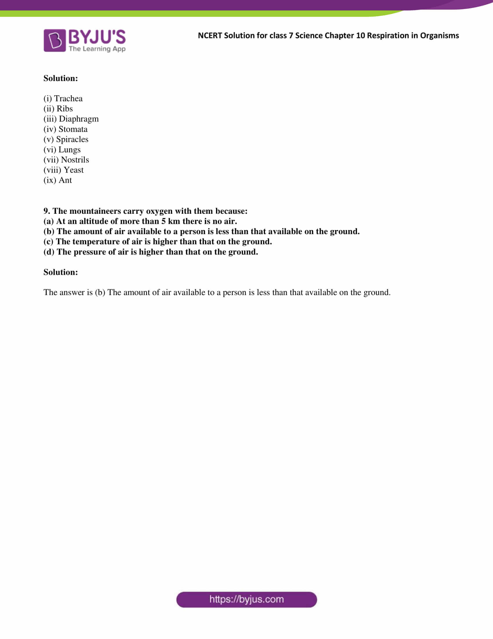 NCERT Solutions Class 7 Science Chapter 10 Respiration in Organisms