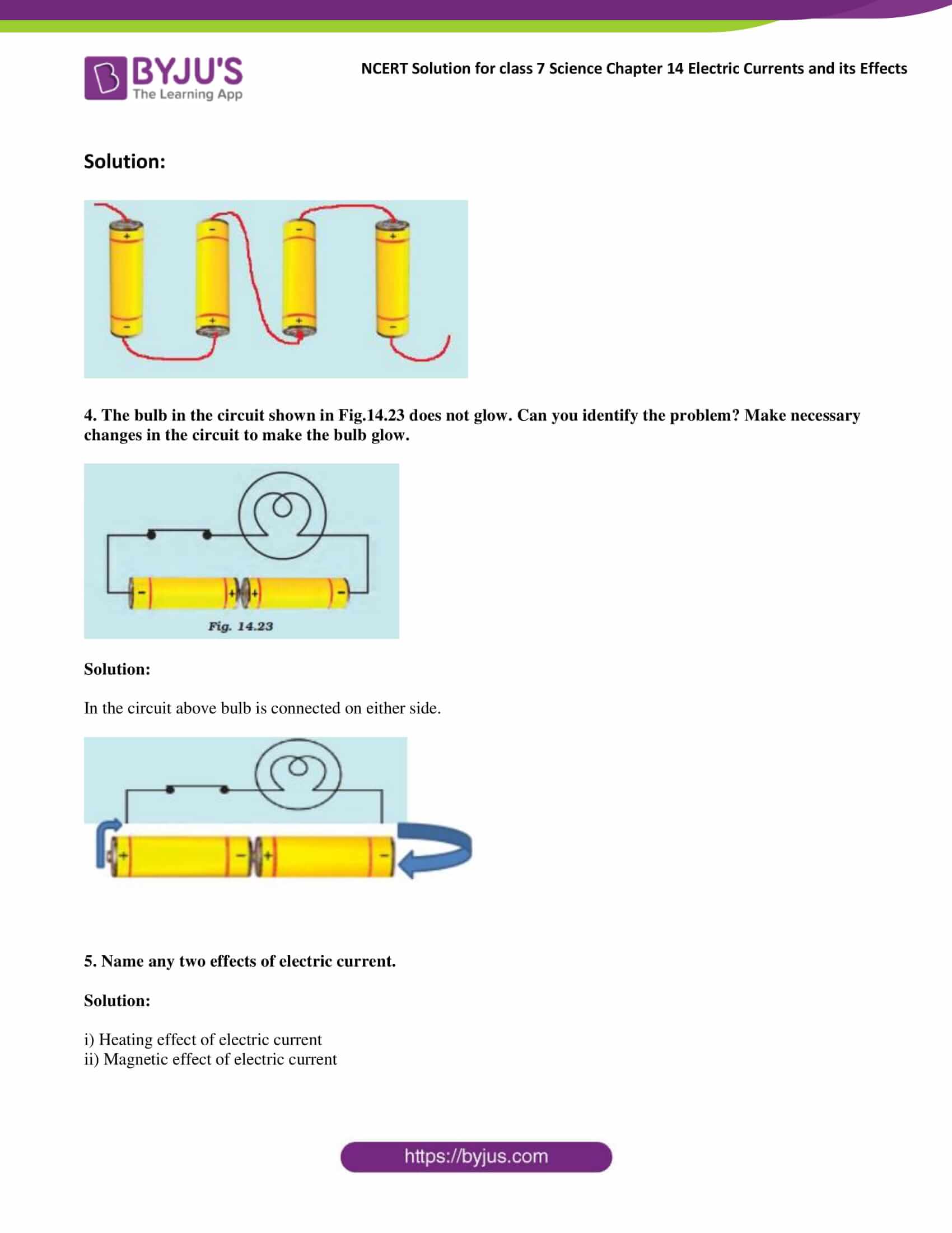 NCERT Solutions Class 7 Science Chapter 14 Electric Current and Its Effects