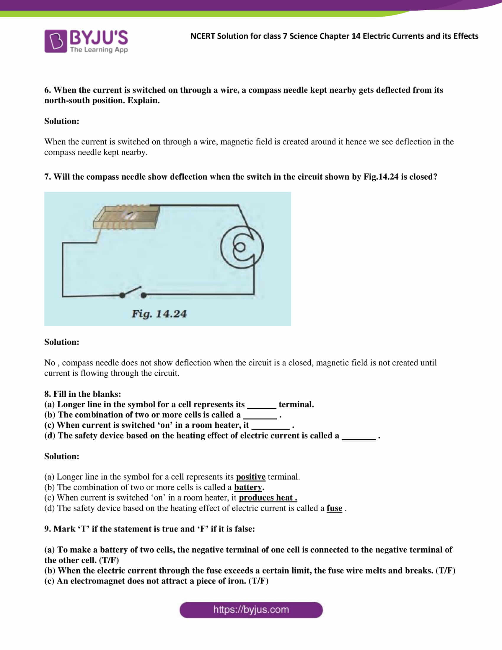 NCERT Solutions Class 7 Science Chapter 14 Electric Current and Its Effects