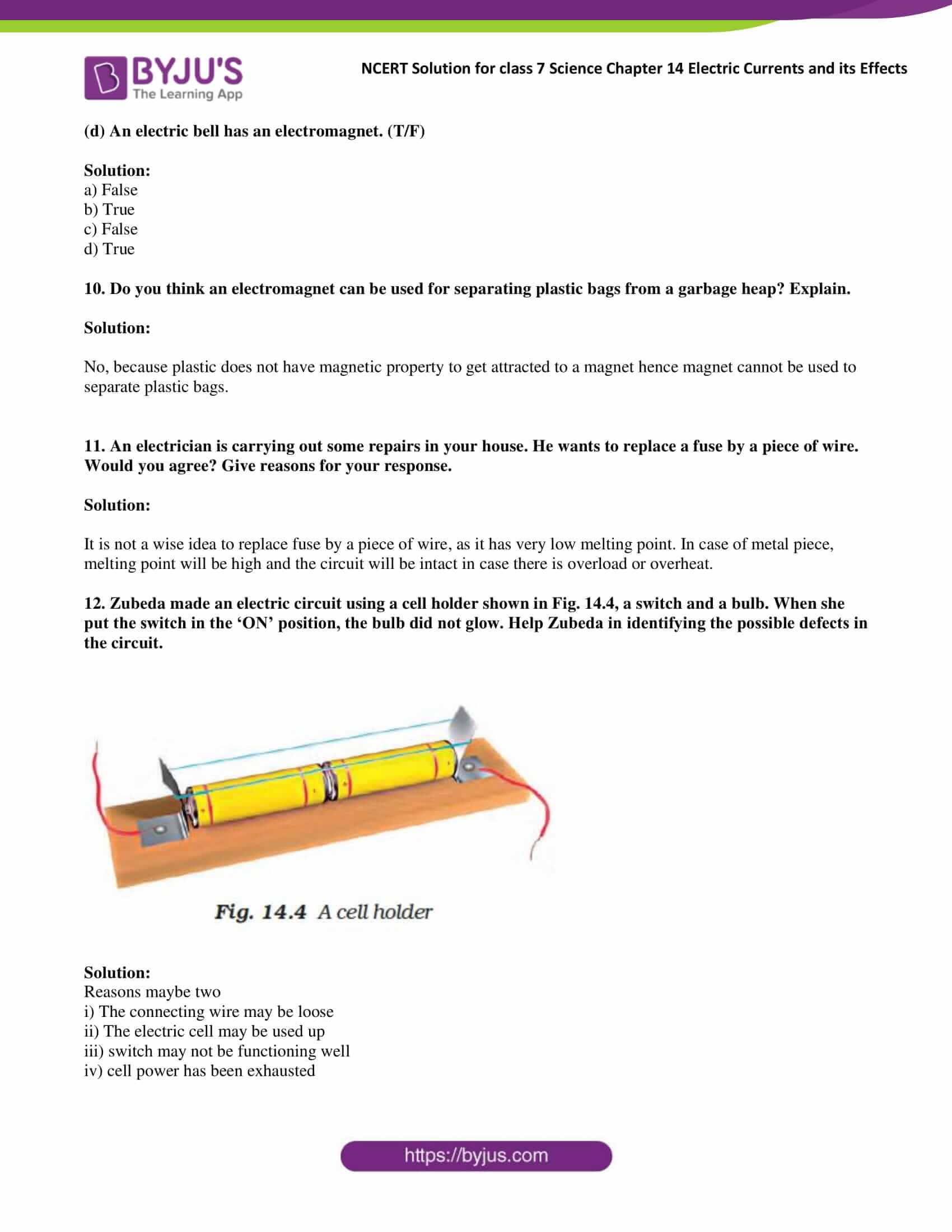 NCERT Solutions Class 7 Science Chapter 14 Electric Current and Its Effects