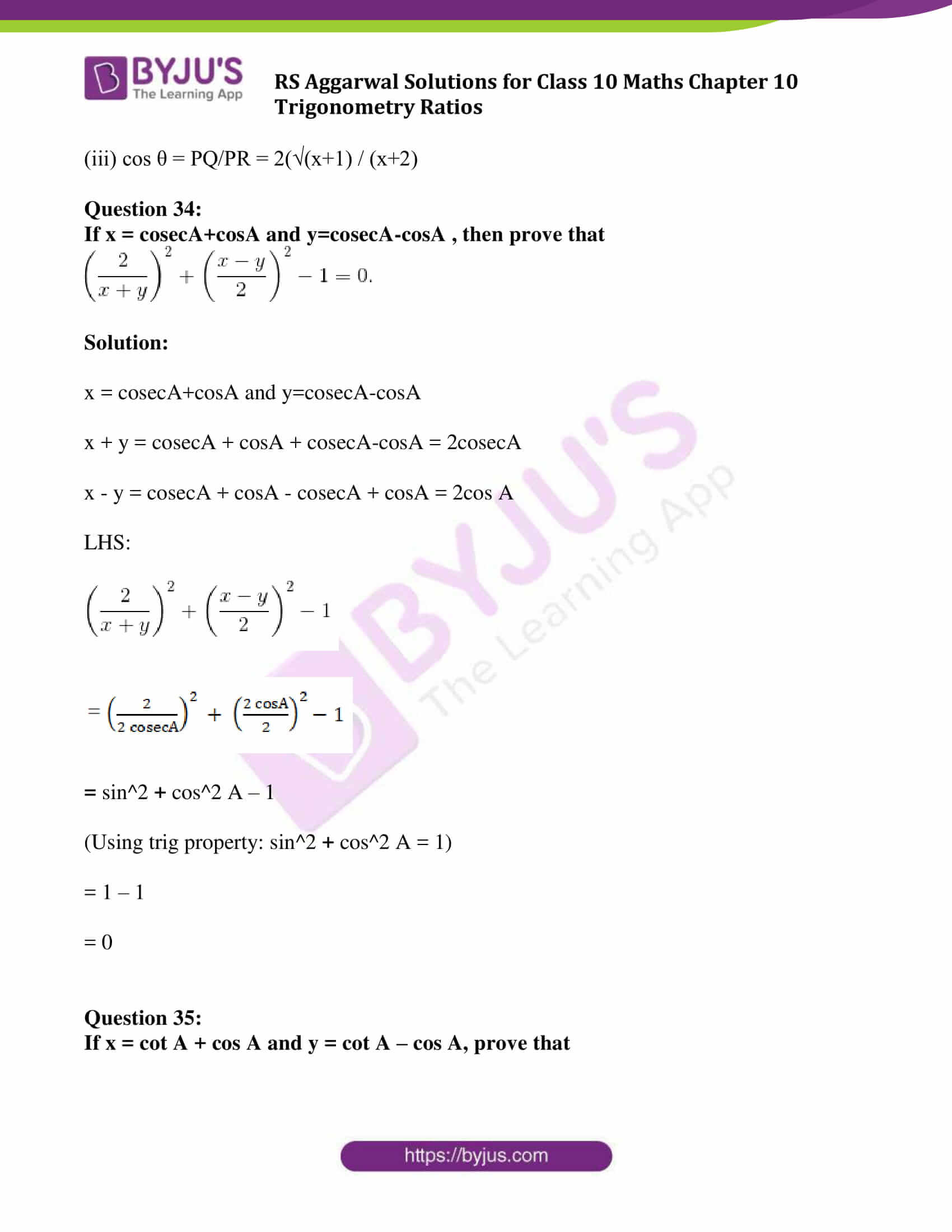 Rs Aggarwal Solutions For Class 10 Chapter 10 Trigonometric Ratios