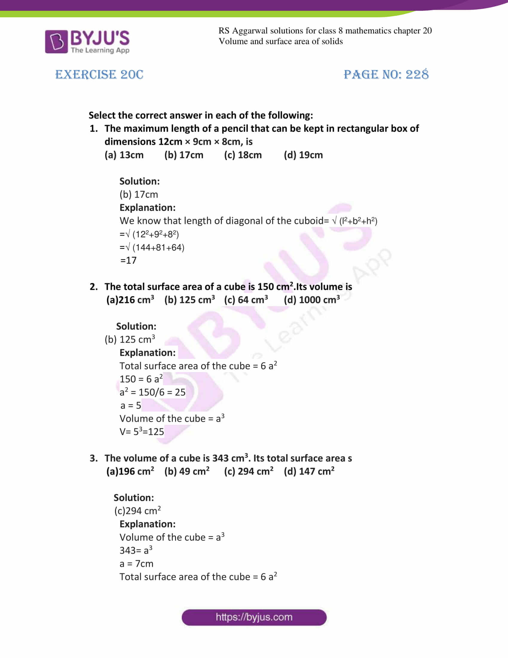 RS Aggarwal Solutions For Class 8 Chapter 20 Volume And Surface Area RS Aggarwal Solutions For Class 8 Chapter 20 Volume And Surface Area