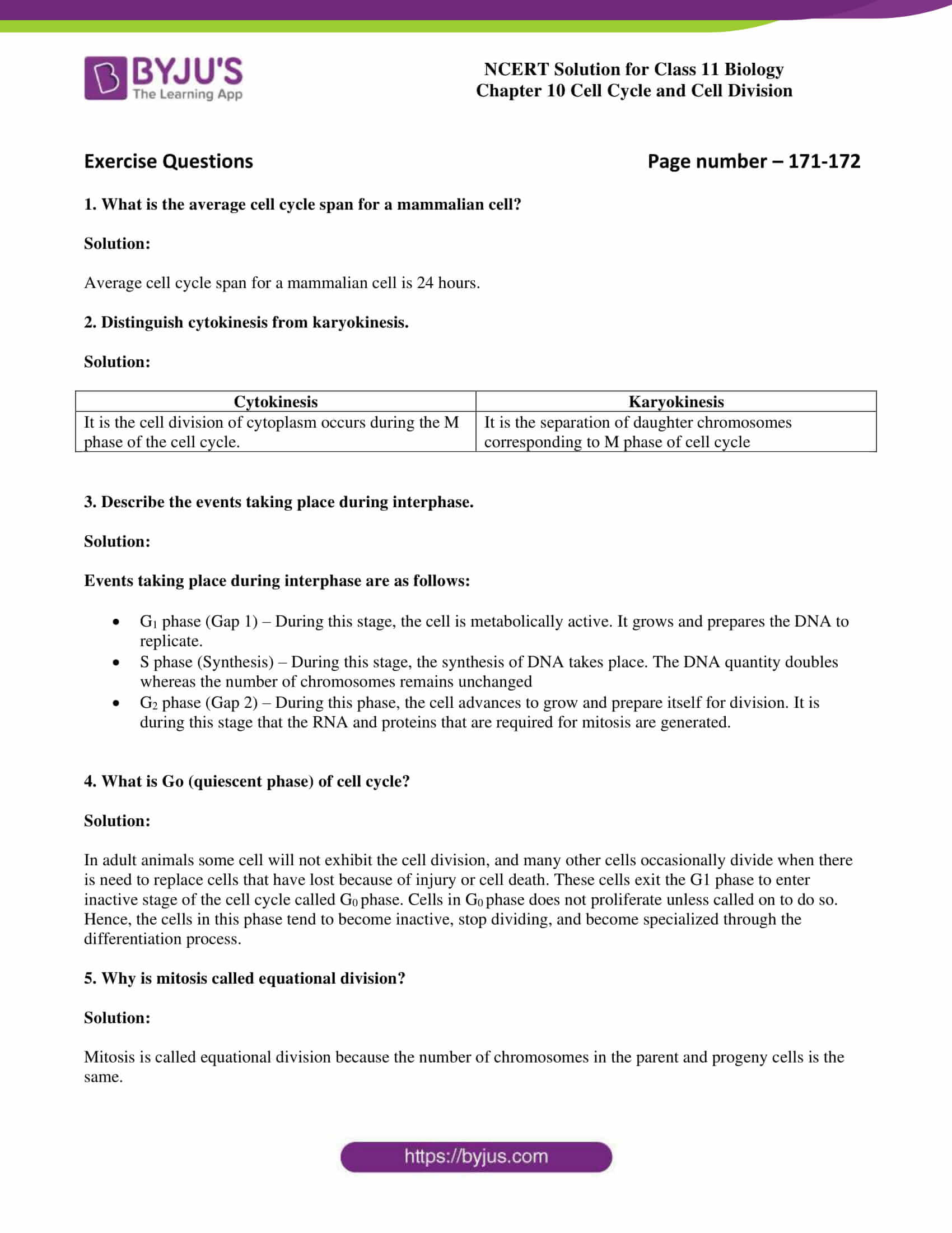NCERT Solutions Class 11 Biology Chapter 10 Cell Cycle and Cell Division