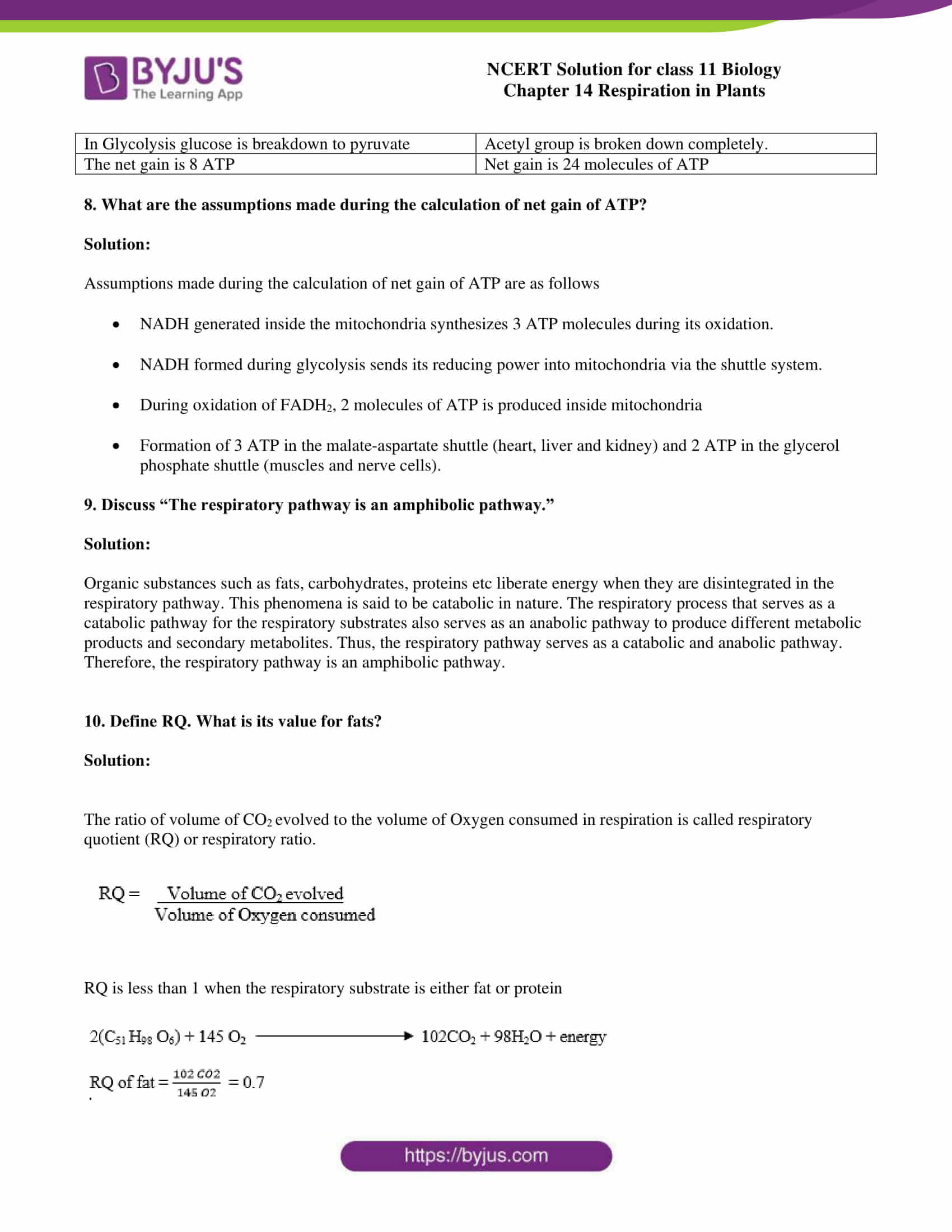 NCERT Solutions for Class 11 Biology Chapter 14 Respiration In Plants