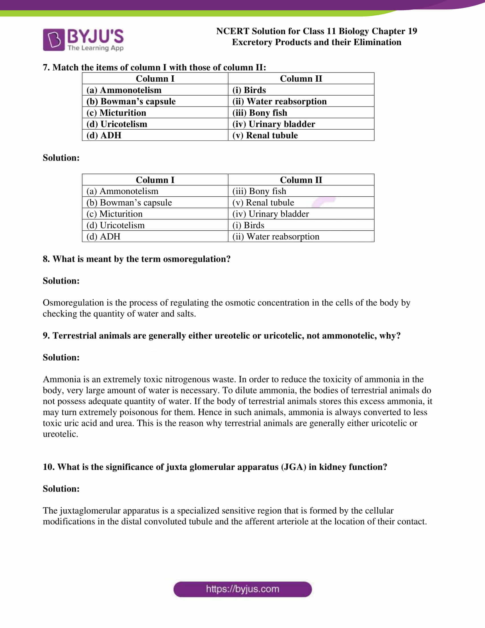 NCERT Solutions Class 11 Biology Chapter 19 Excretory Products and ...