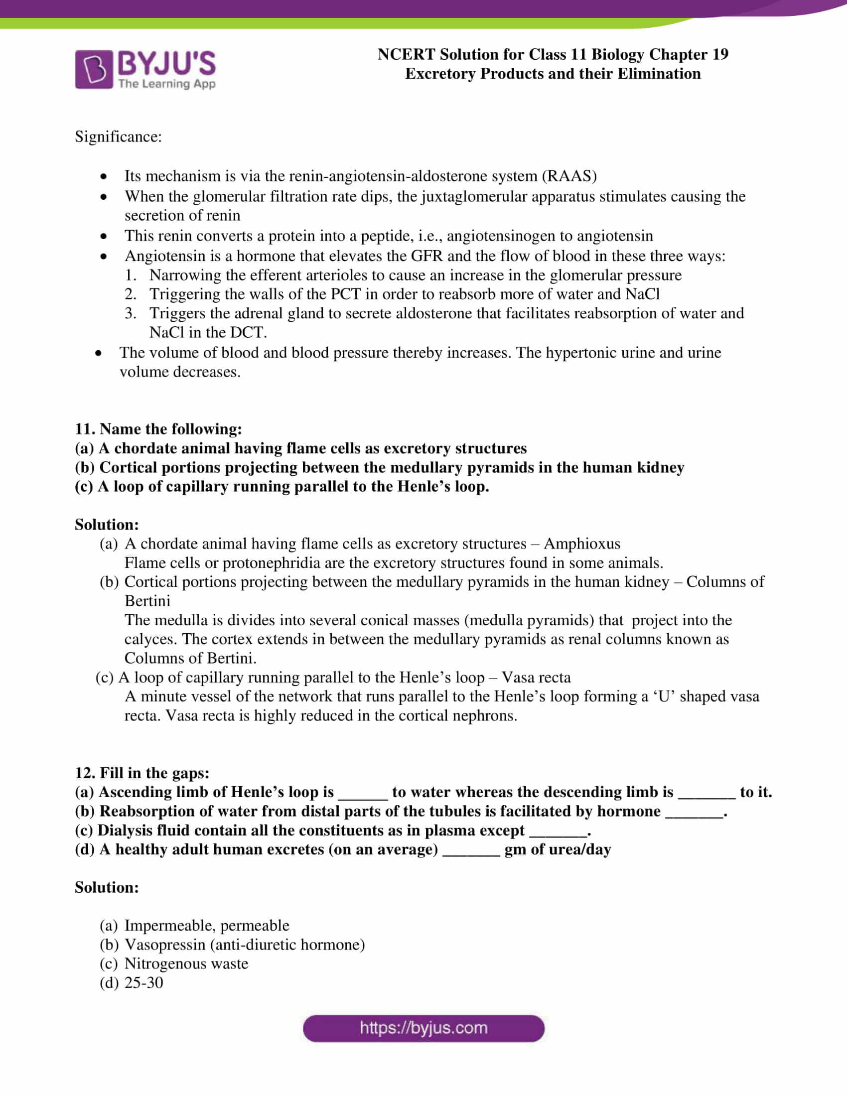 NCERT Solutions Class 11 Biology Chapter 19 Excretory Products and ...