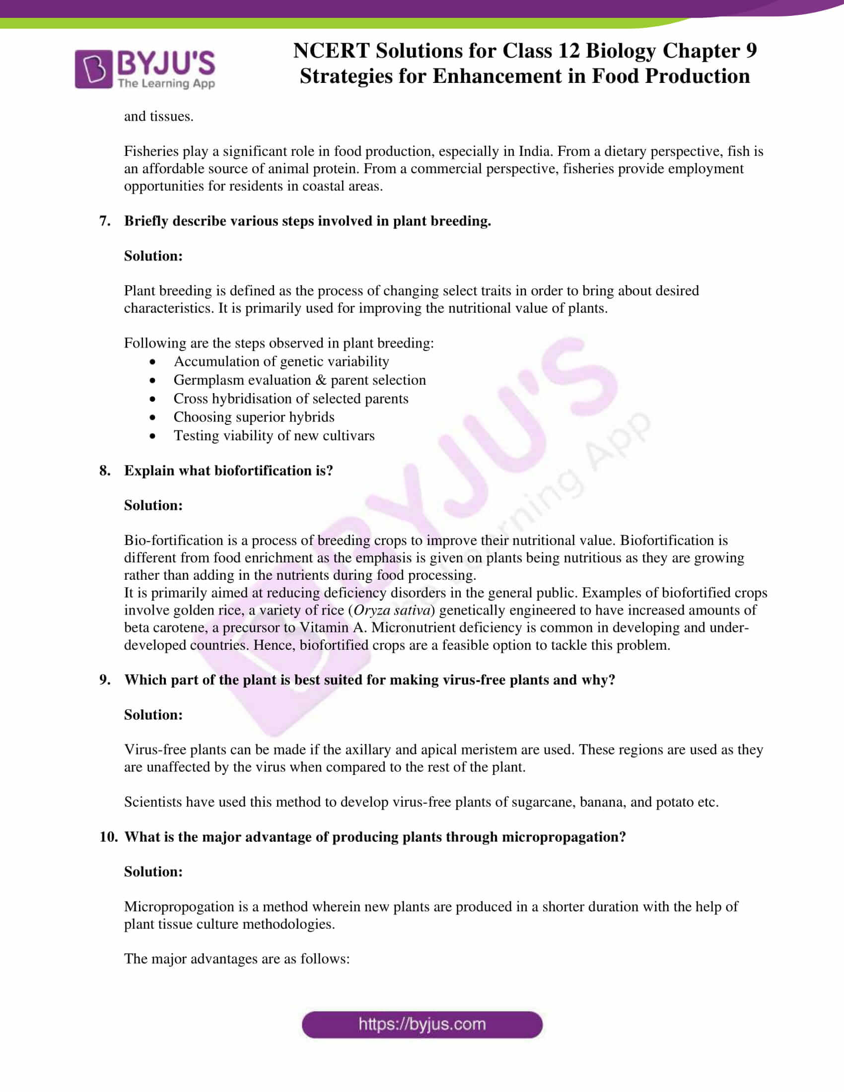 NCERT Solutions for Class 12 Biology Chapter 9 Strategies for Enhancement in Food Production