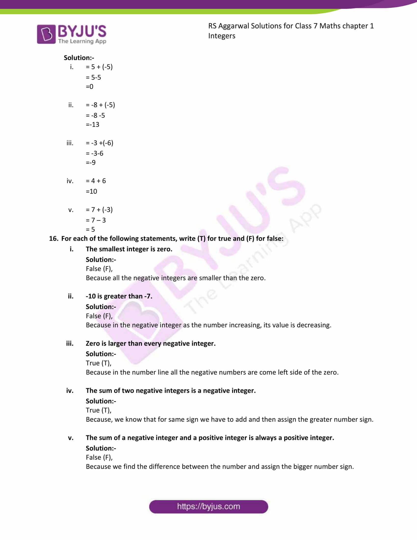 RS Aggarwal Solutions For Class 7 Maths Exercise 1A Chapter Integers