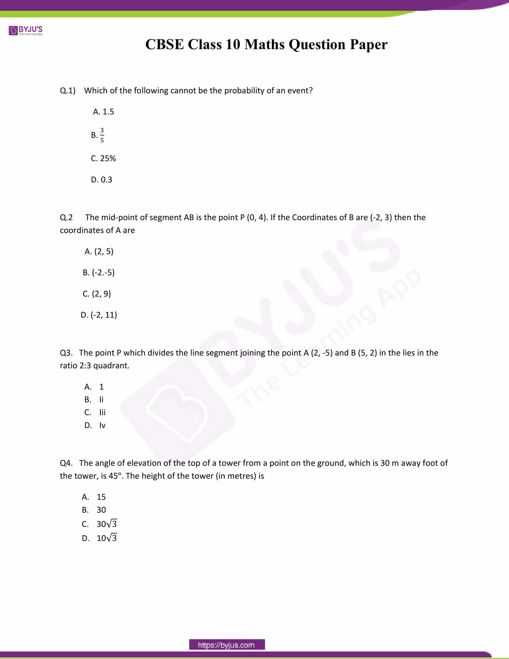 CBSE Class 10 Maths Previous Year Question Paper 2011