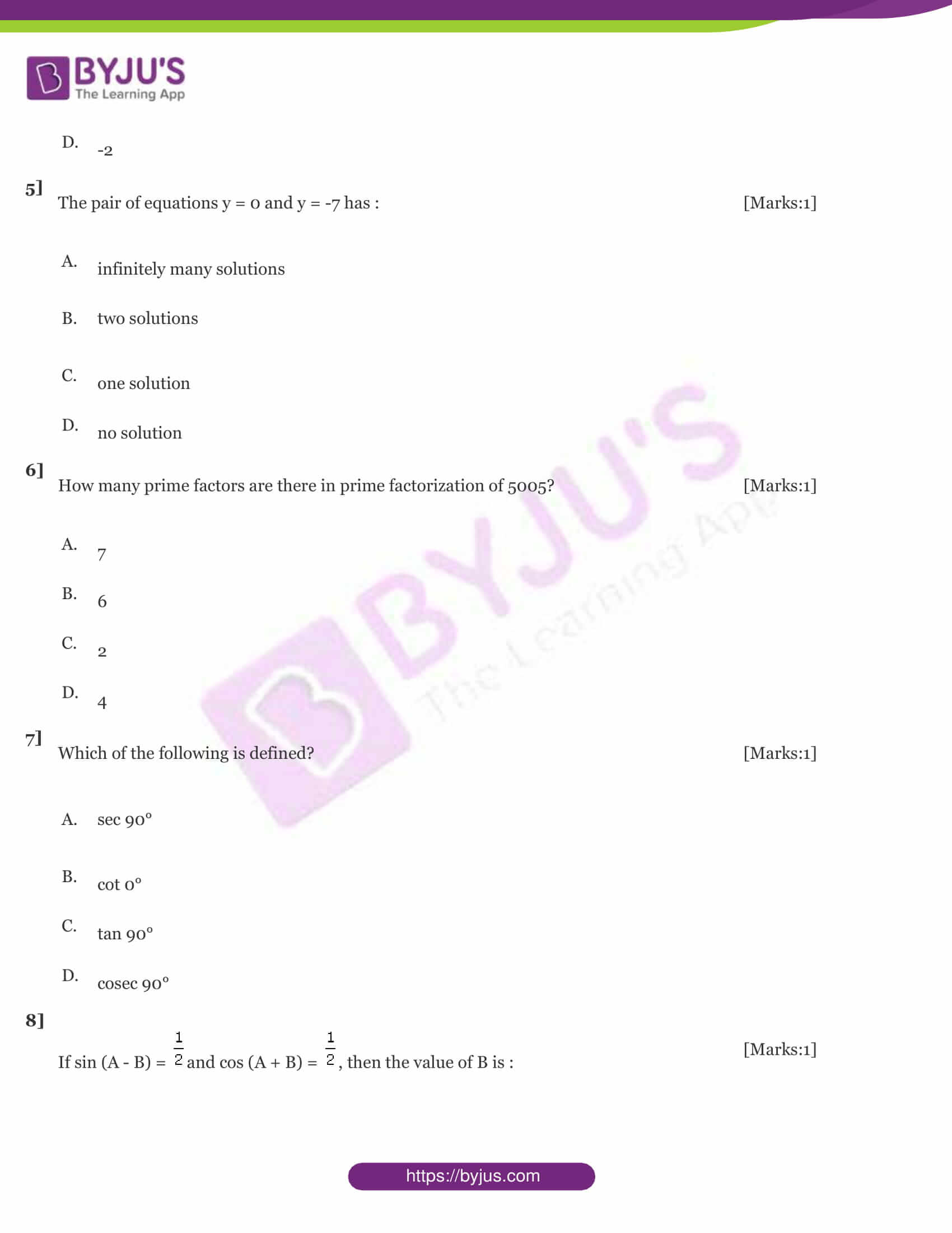 Download CBSE Class 10 Maths Sample Paper SA 1 Set 9 For Free In PDF