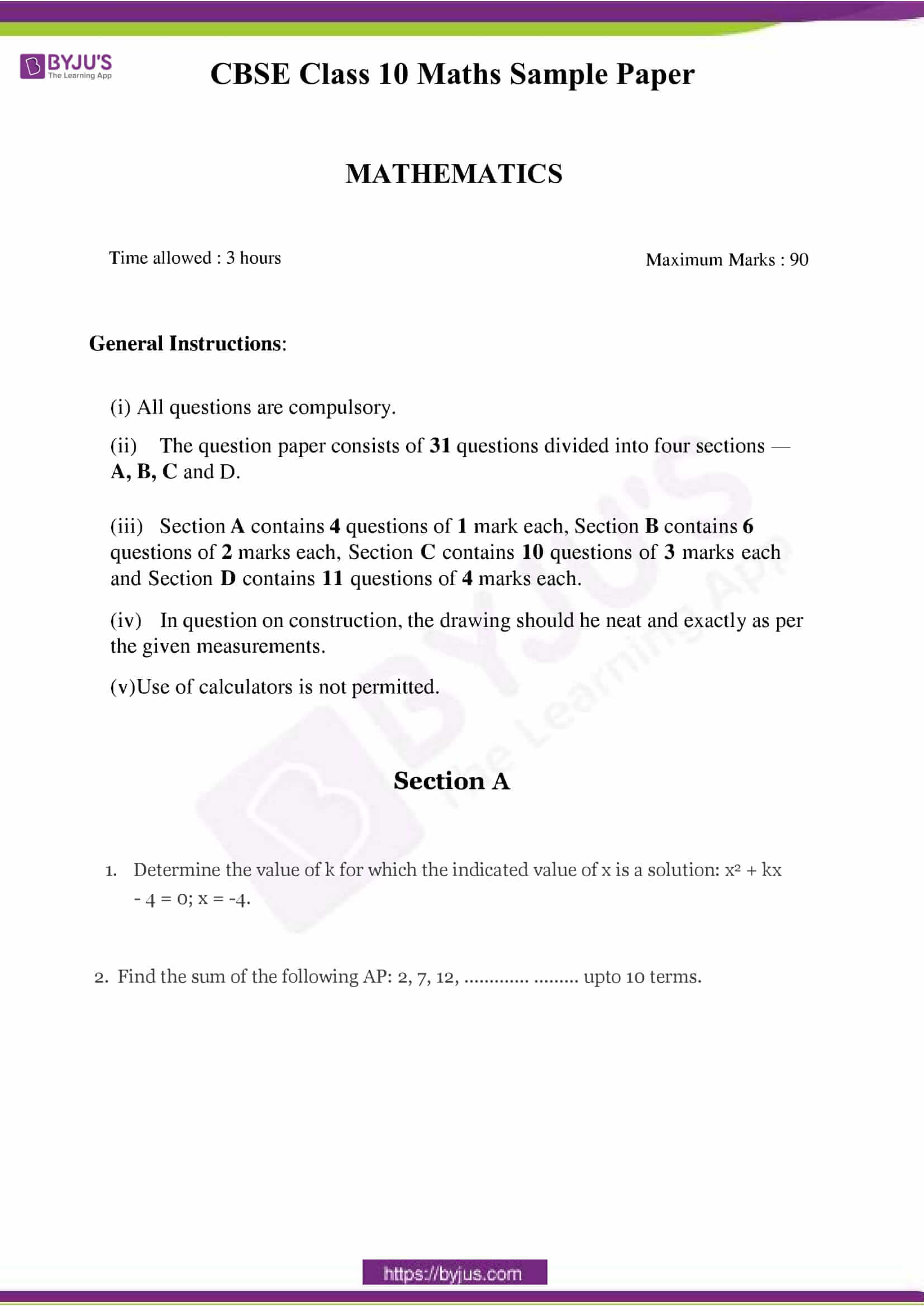 CBSE Class 10 Maths Sample Papers Set 3 Download PDF CBSE Class 10 Maths Sample Papers Set 3 Download PDF