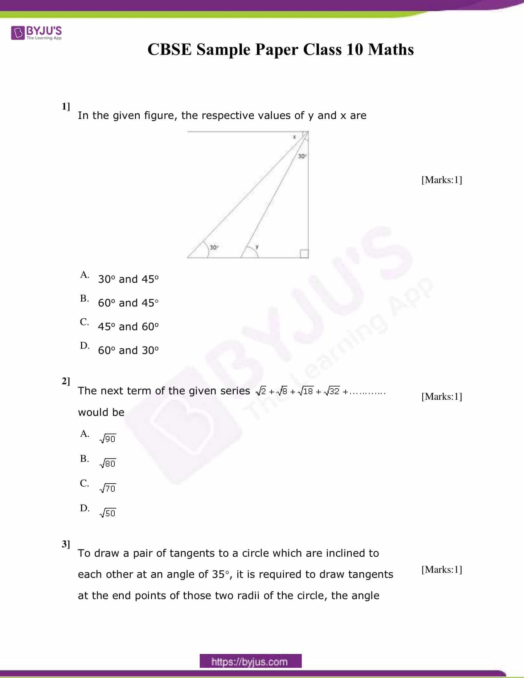 CBSE Class 10 Maths Sample Papers Set 4 Download PDF