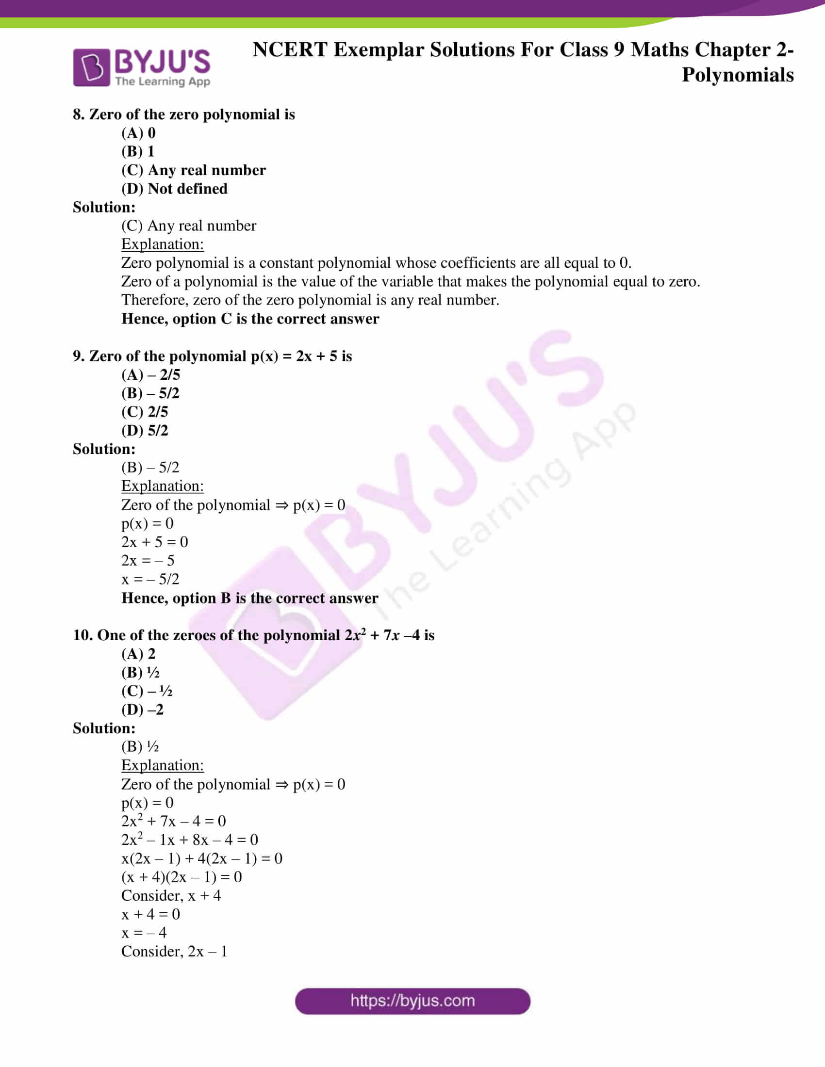 NCERT Exemplar Class 9 Maths Chapter 2 Solutions Polynomials
