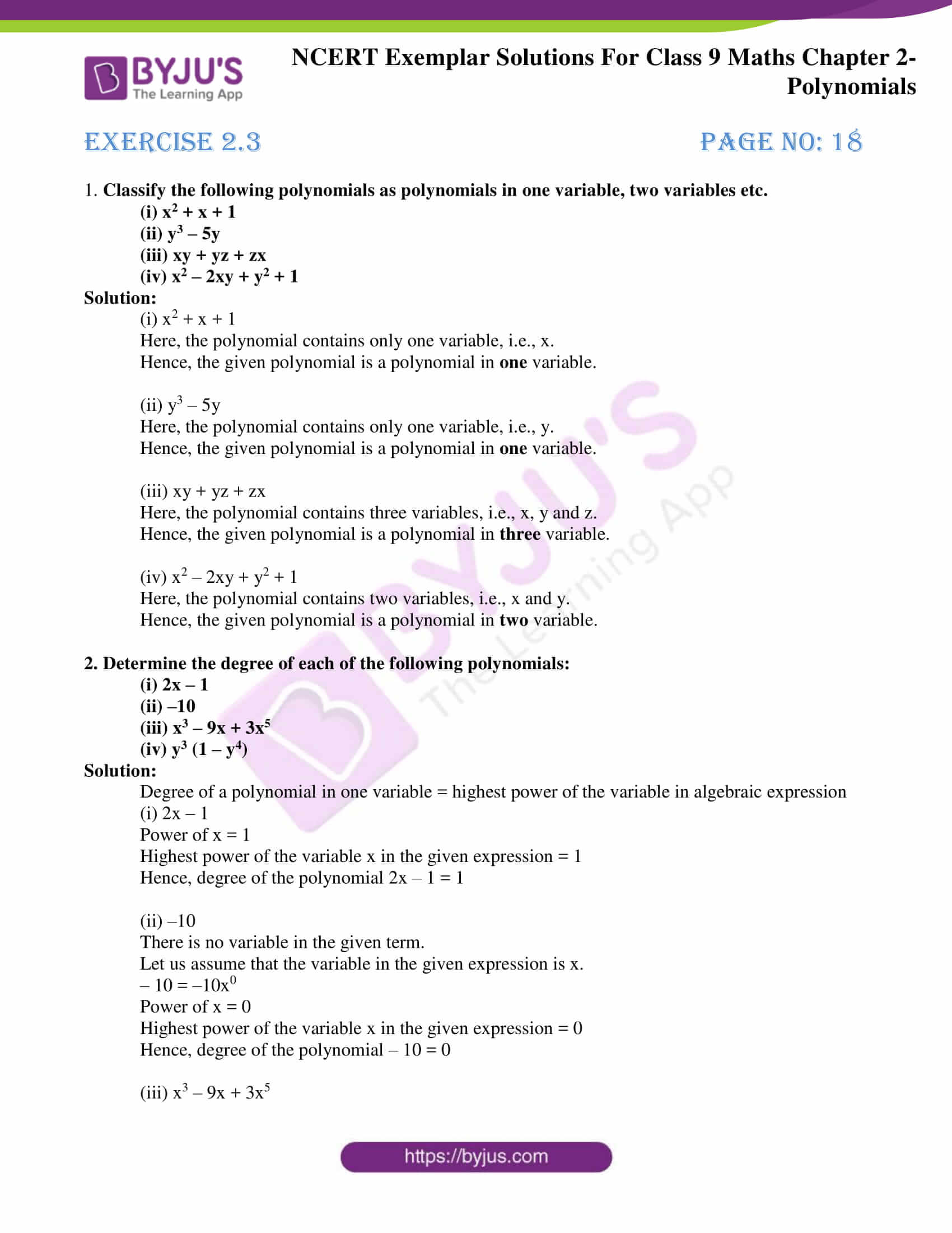 NCERT Exemplar Class 9 Maths Chapter 2 Solutions Polynomials