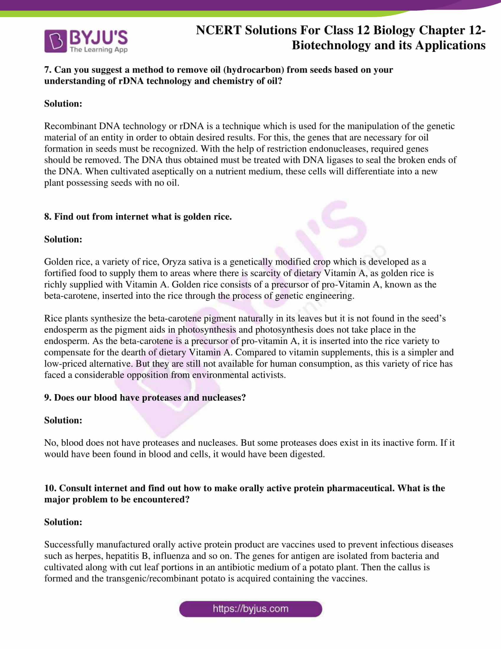 NCERT Solutions Class 12 Biology Chapter 12 - Biotechnology and its ...