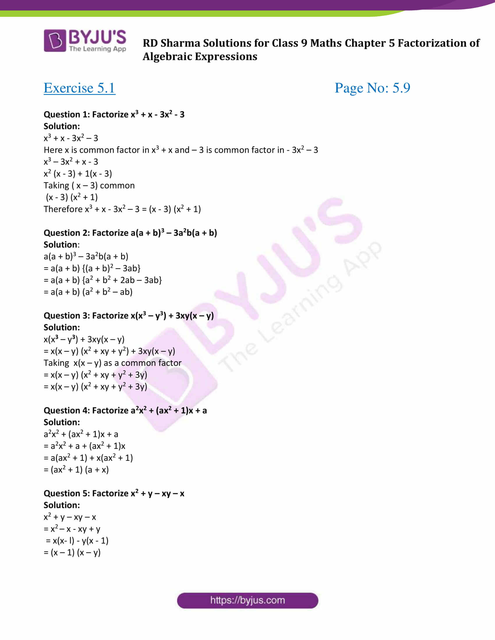 RD Sharma Class 9 Chapter 5 Factorization Of Algebraic Expressions