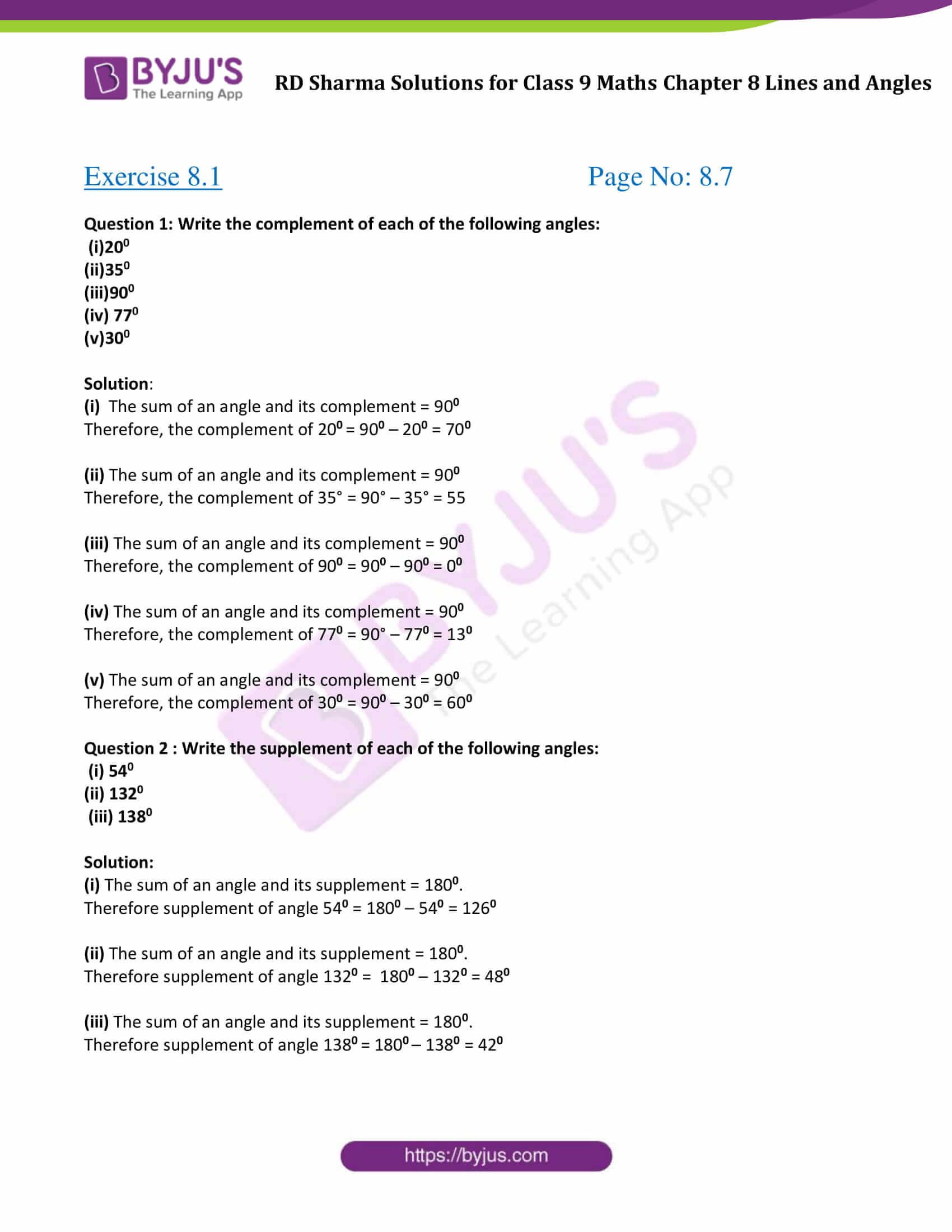 RD Sharma Class 9 Solutions Maths Chapter 8 Lines And Angles Ex 8 1 RD Sharma Class 9 Solutions Maths Chapter 8 Lines And Angles Ex 8 1
