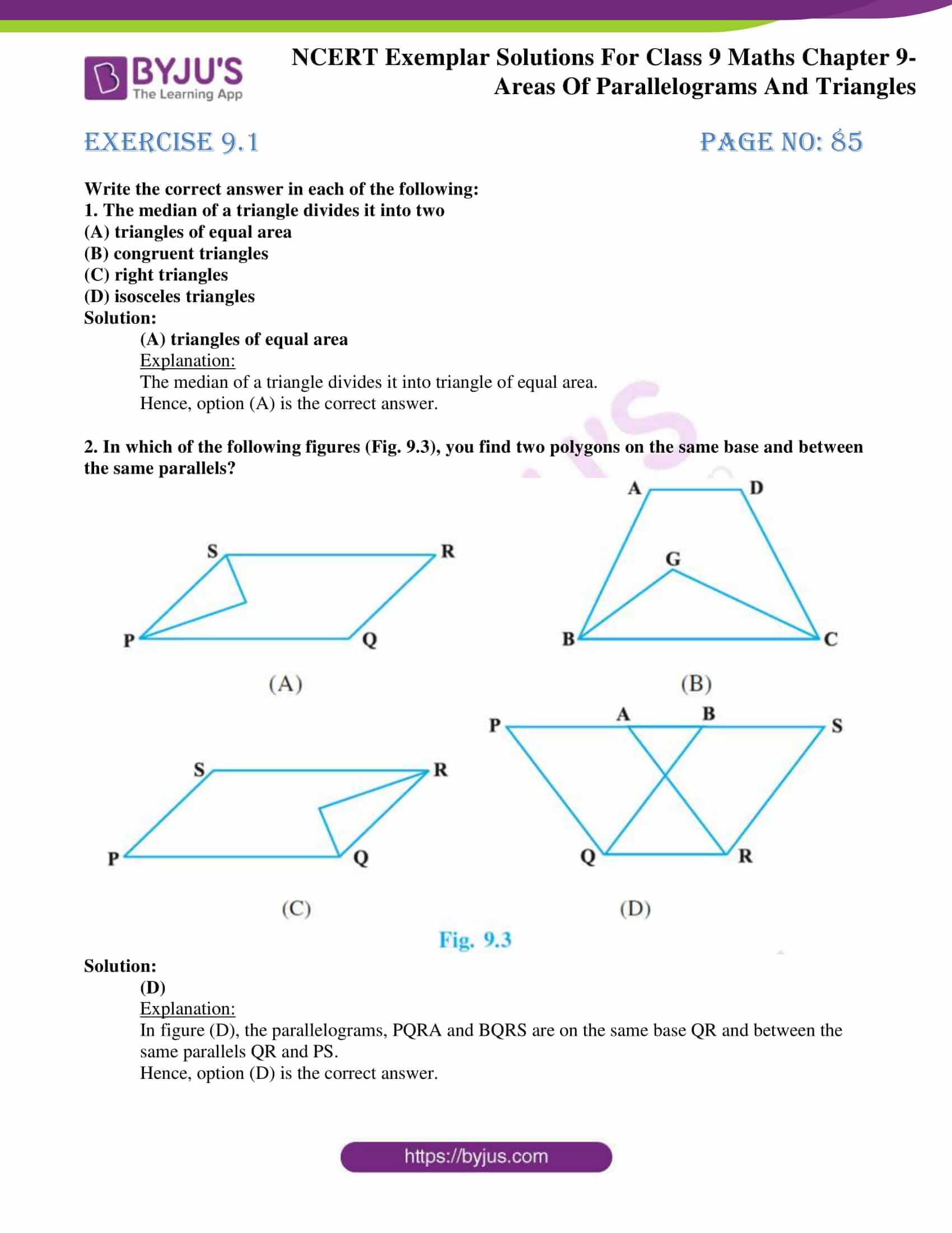 NCERT Exemplar Class 9 Mathematics Chapter 9 Areas Of Parallelograms NCERT Exemplar Class 9 Mathematics Chapter 9 Areas Of Parallelograms