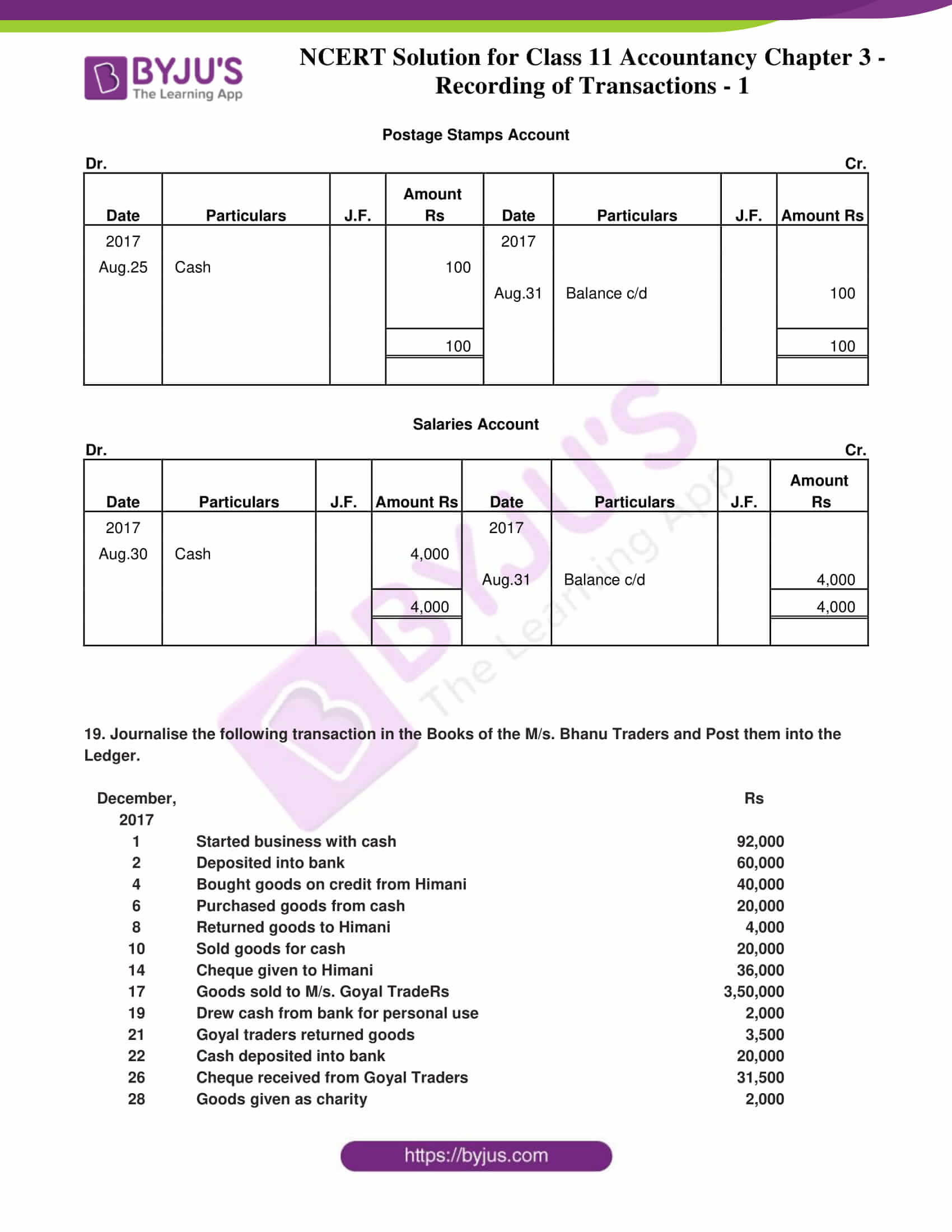 NCERT Solution For Class 11 Accountancy Chapter 3 Recording Of ...