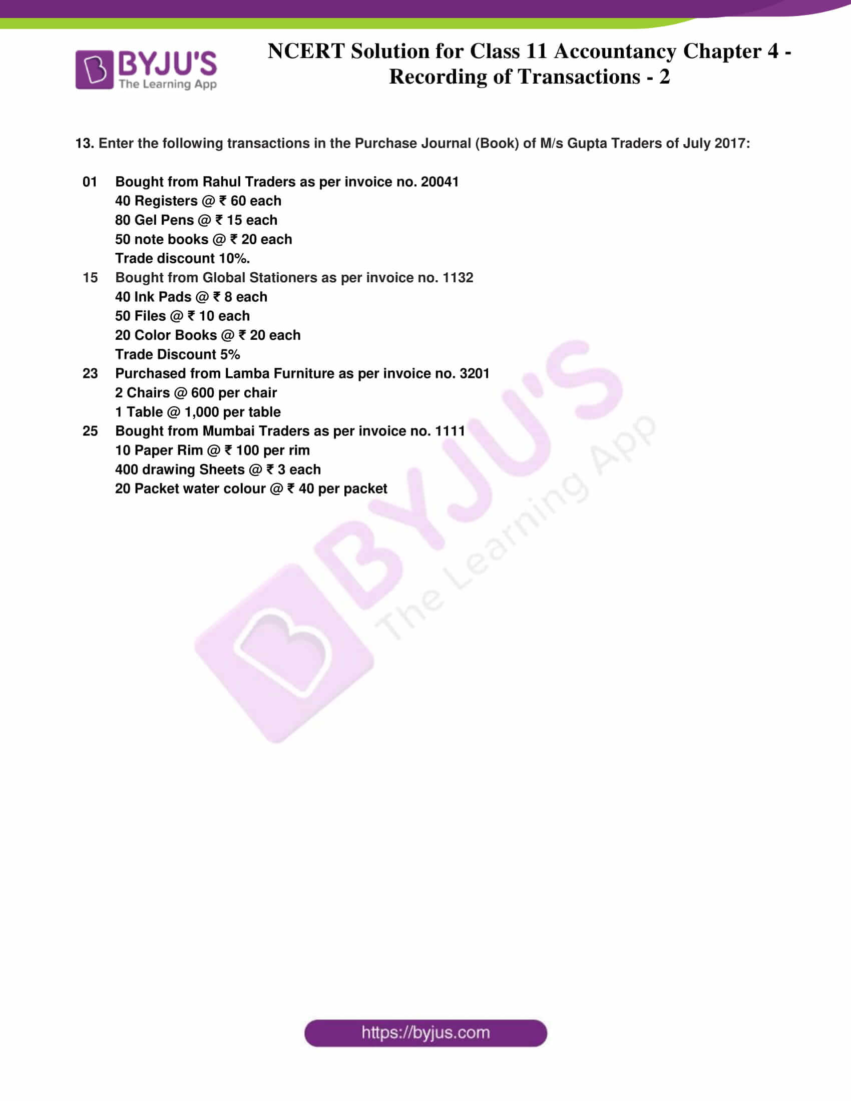 NCERT Solution For Class 11 Accountancy Chapter 4 Recording Of ...