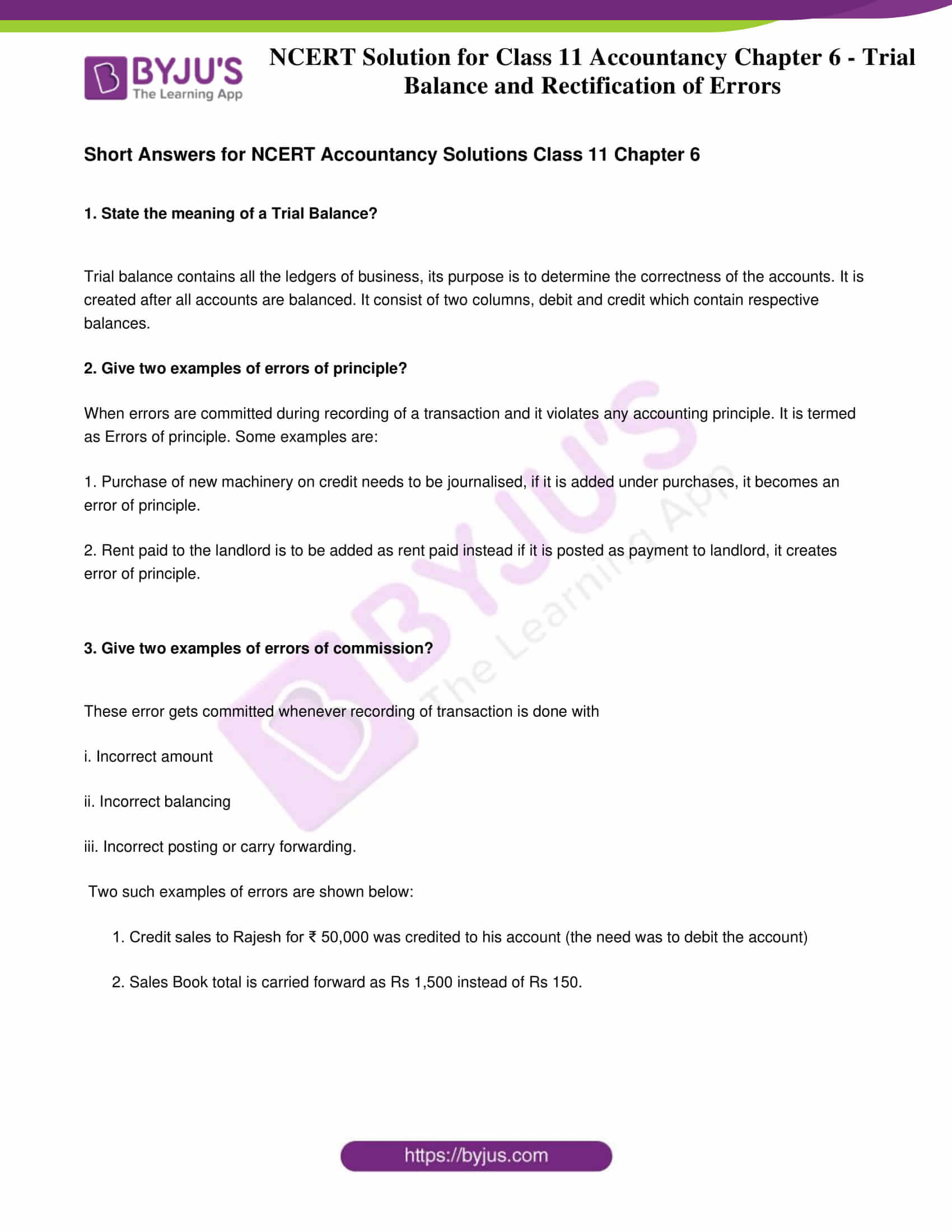 NCERT Solution For Class 11 Accountancy Chapter 6 Trial Balance And ...