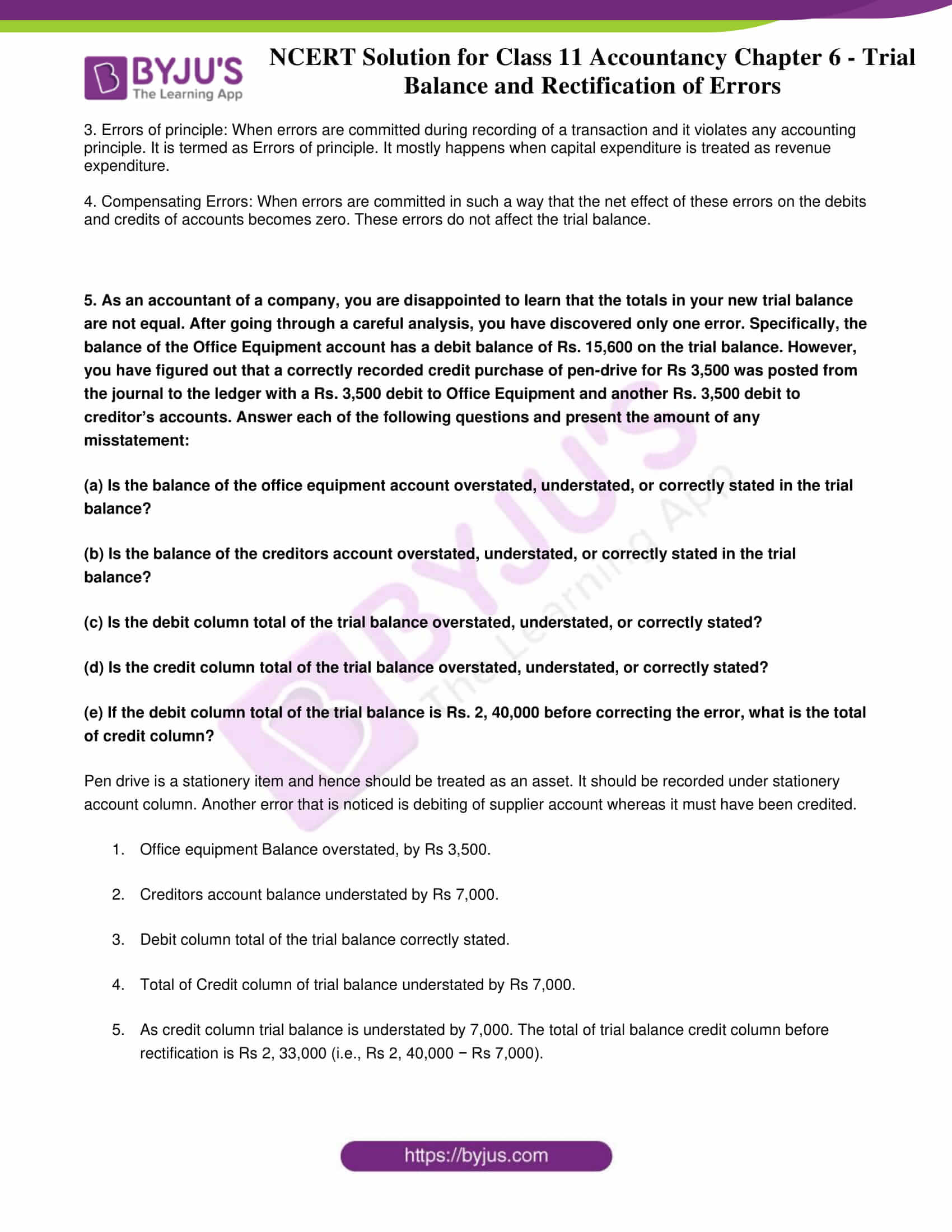 NCERT Solution For Class 11 Accountancy Chapter 6 Trial Balance And Rectification Of Errors ...