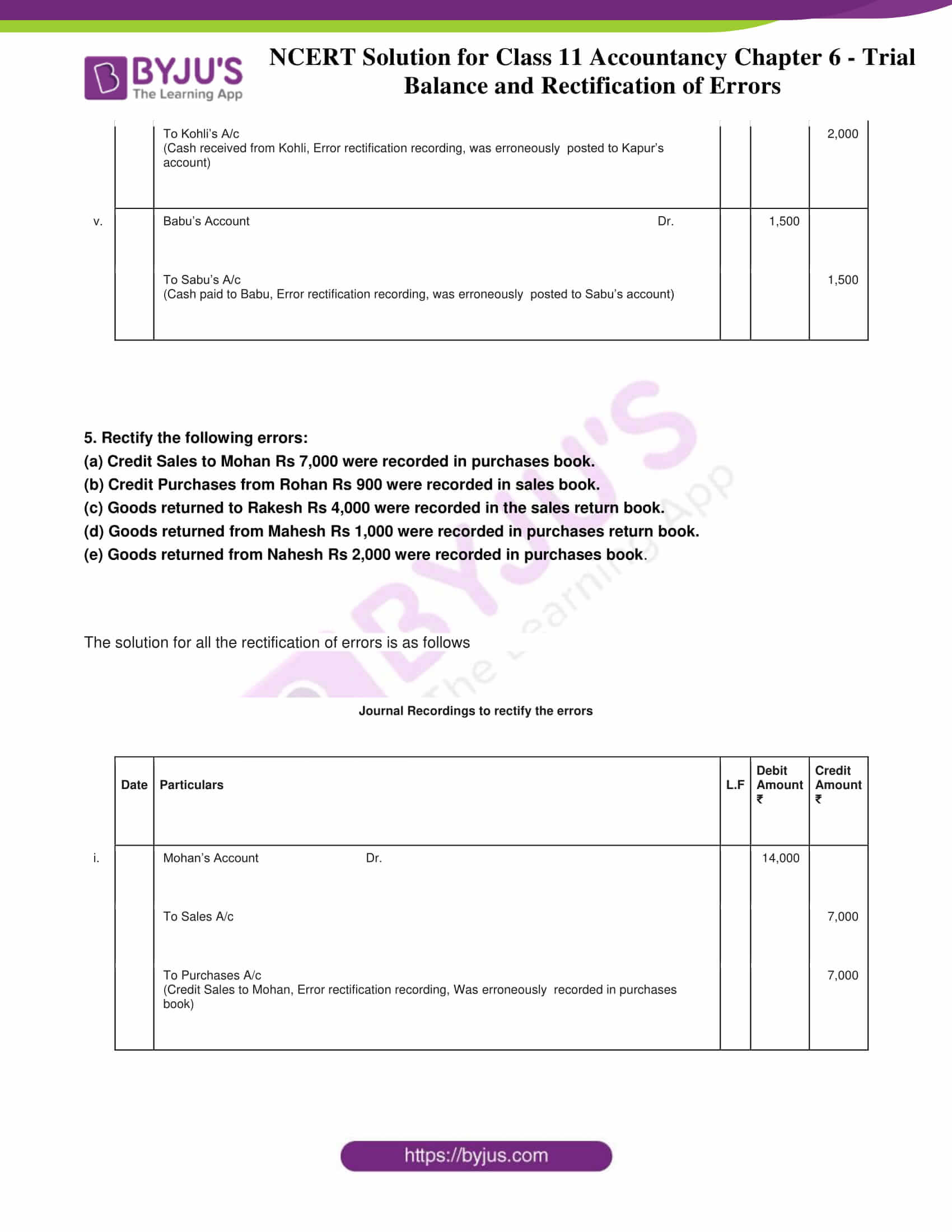 NCERT Solution For Class 11 Accountancy Chapter 6 Trial Balance And Rectification Of Errors ...