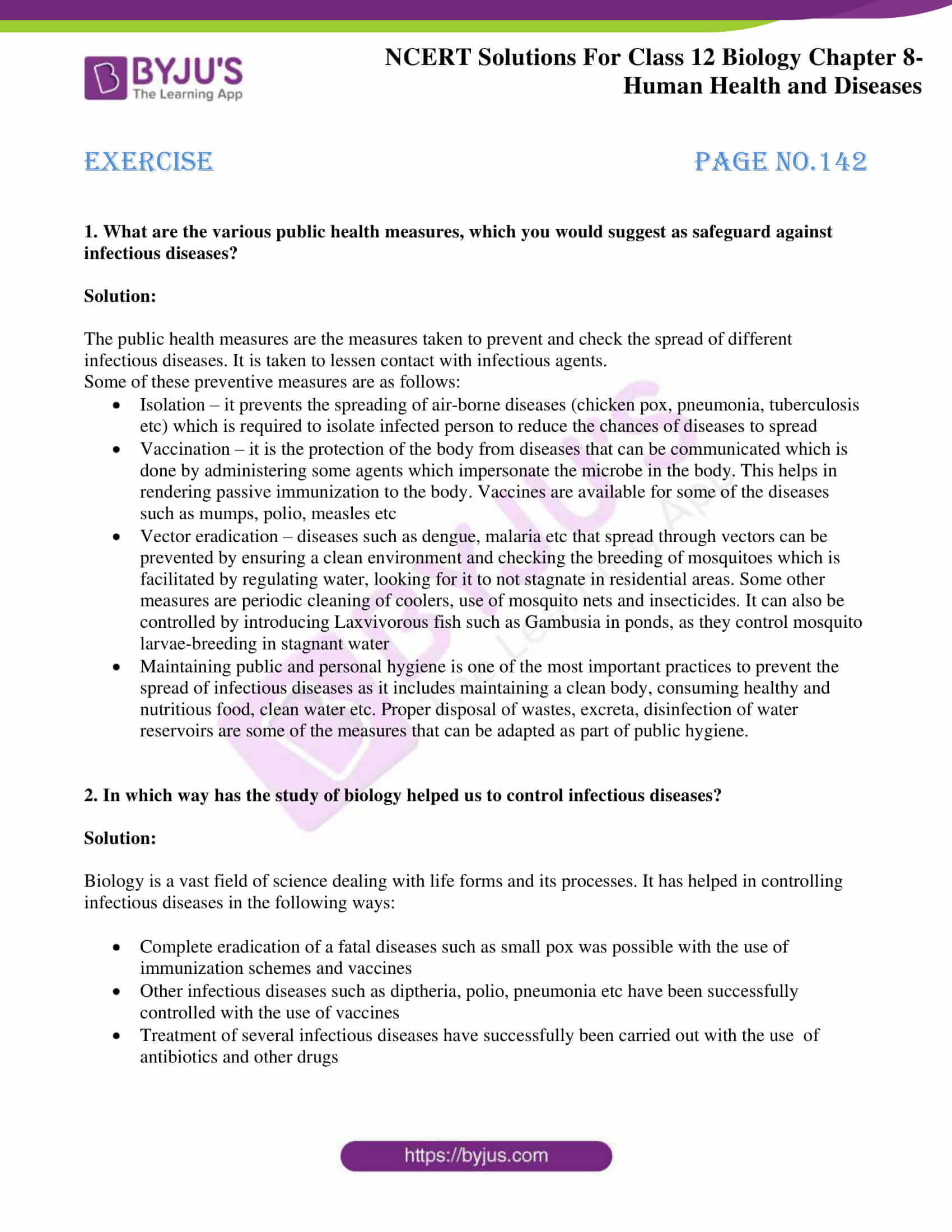 NCERT Solutions Class 12 Biology Chapter 8 - Human health and diseases