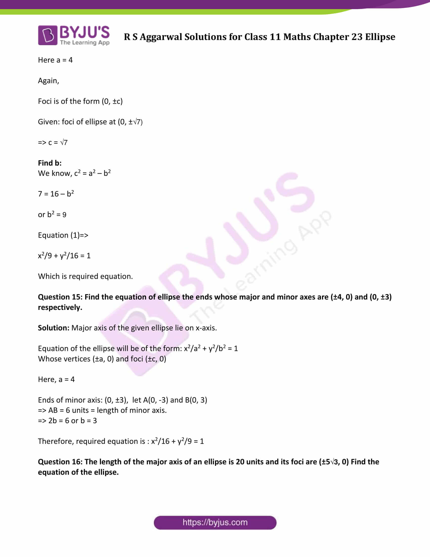 R S Aggarwal Solutions for Class 11 Maths Chapter 23 Ellipse- Free PDF