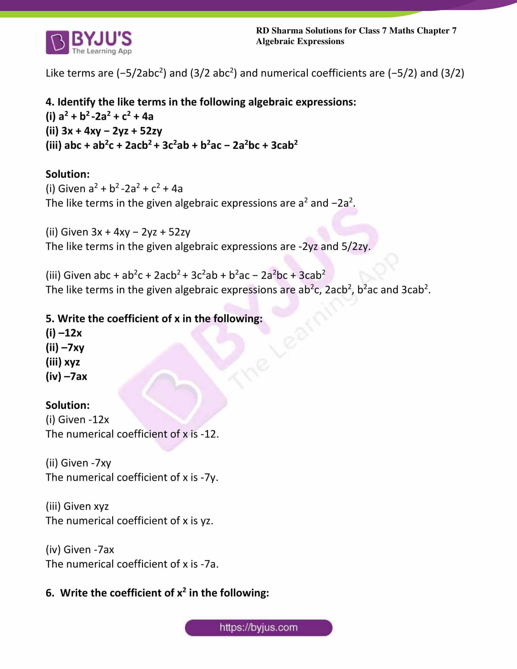 7th Grade Algebraic Expressions Worksheets For Class 7 Pdf Preschool 