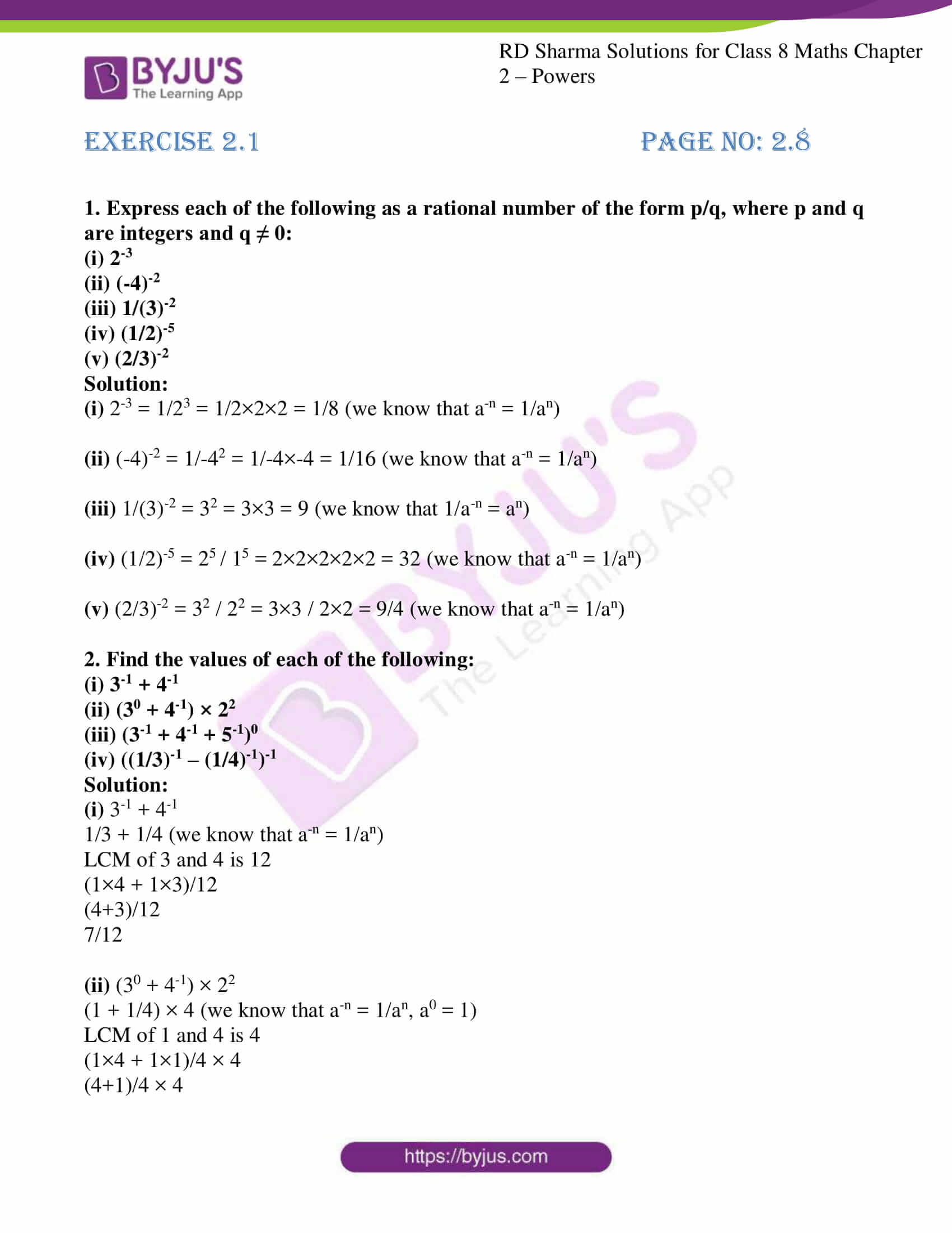 RD Sharma Solutions For Class 8 Chapter 2 Powers Download Free PDF