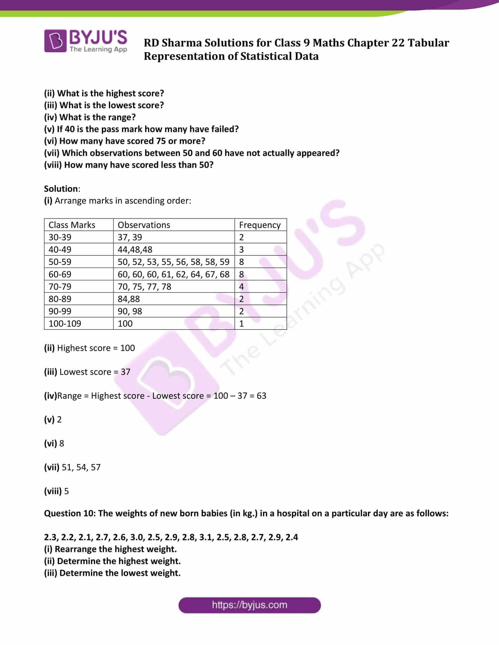 RD Sharma Solutions Exercise 22.1 Chapter 22 Class 9 Tabular Representation of Statistical Data