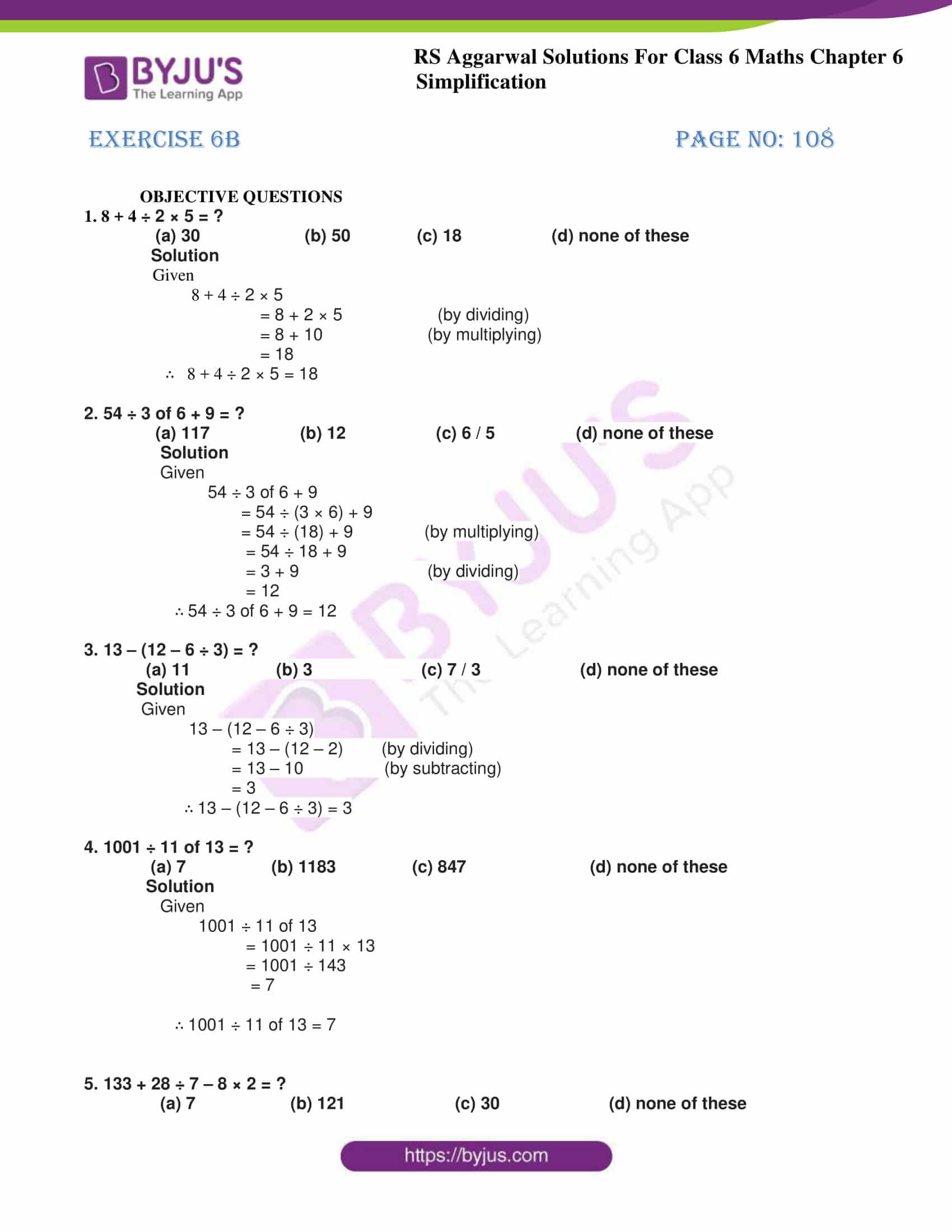 RS Aggarwal Solutions For Class 6 Chapter 6 Simplification Free PDF RS Aggarwal Solutions For Class 6 Chapter 6 Simplification Free PDF