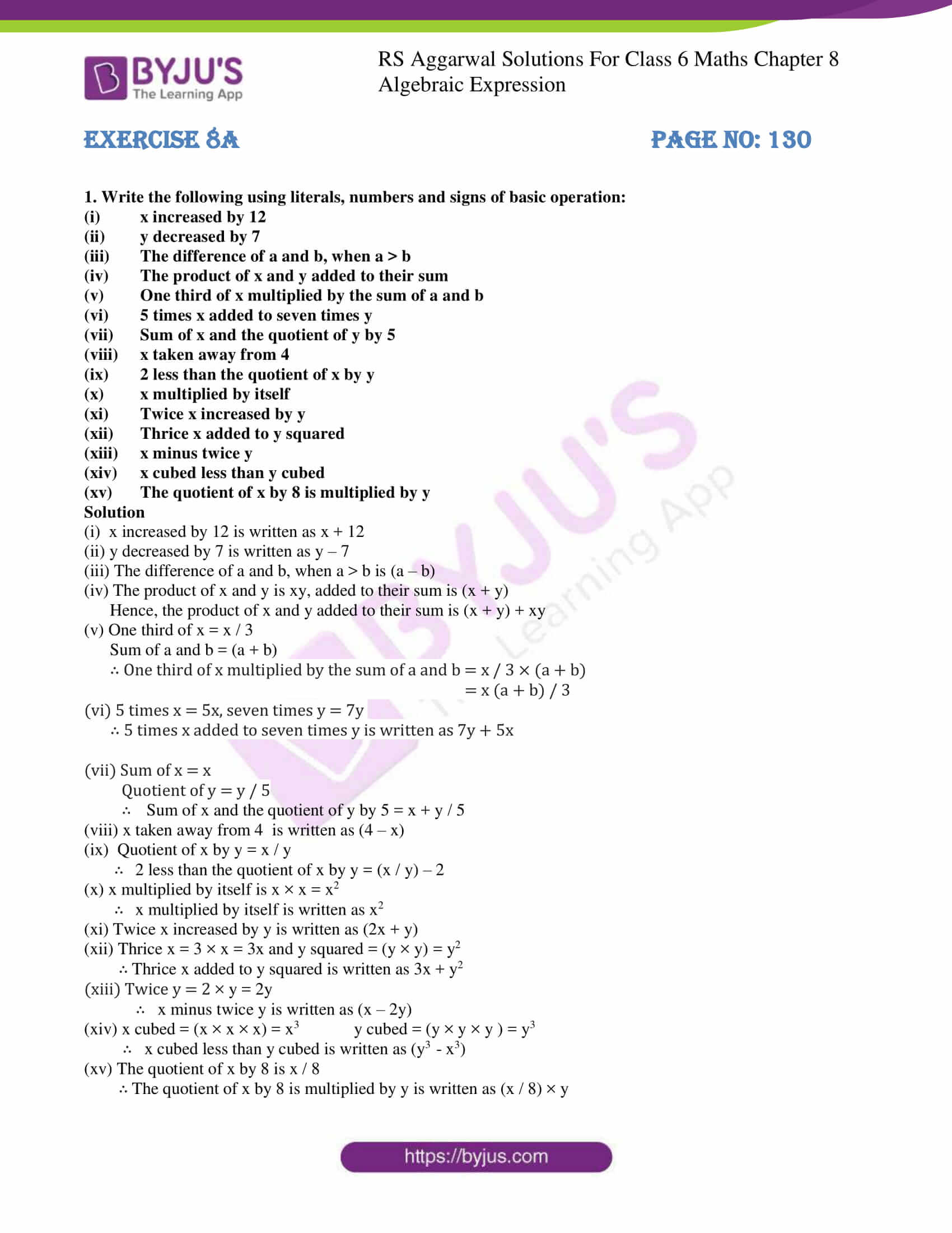 RS Aggarwal Solutions For Class 6 Chapter 8 Algebraic Expressions