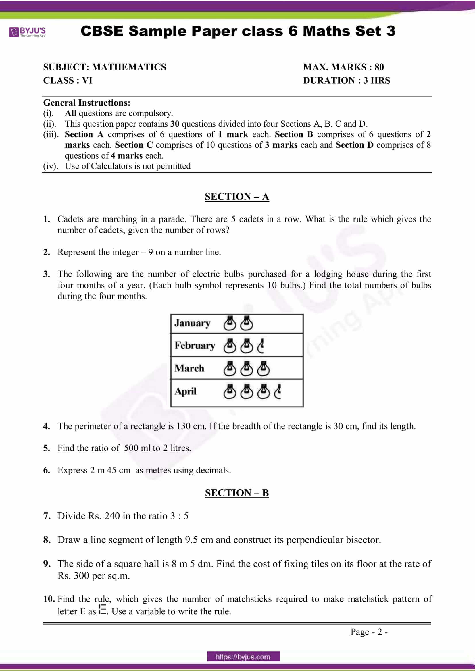 Download CBSE Class 6 Maths Sample Paper Set 3 PDF