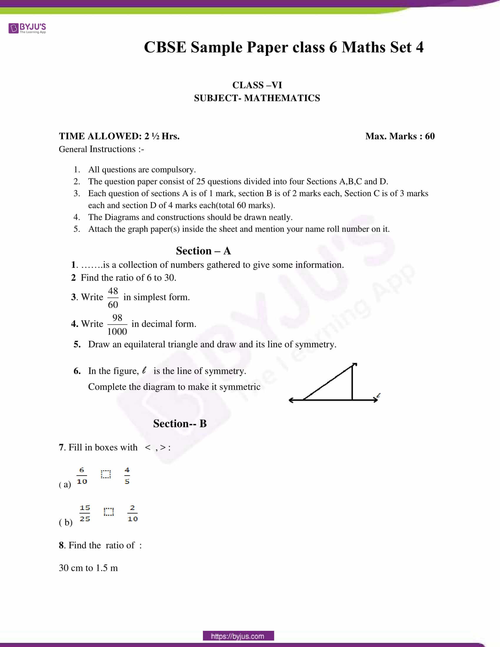 Download CBSE Class 6 Maths Sample Paper Set 4 PDF