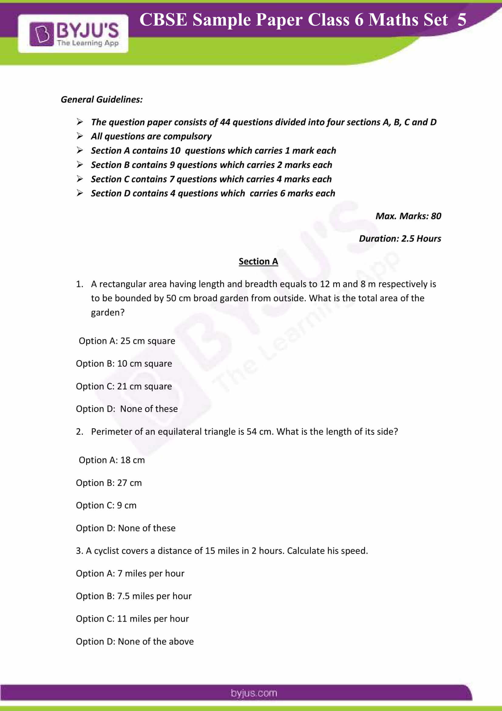 Download CBSE Class 6 Maths Sample Paper Set 5 PDF