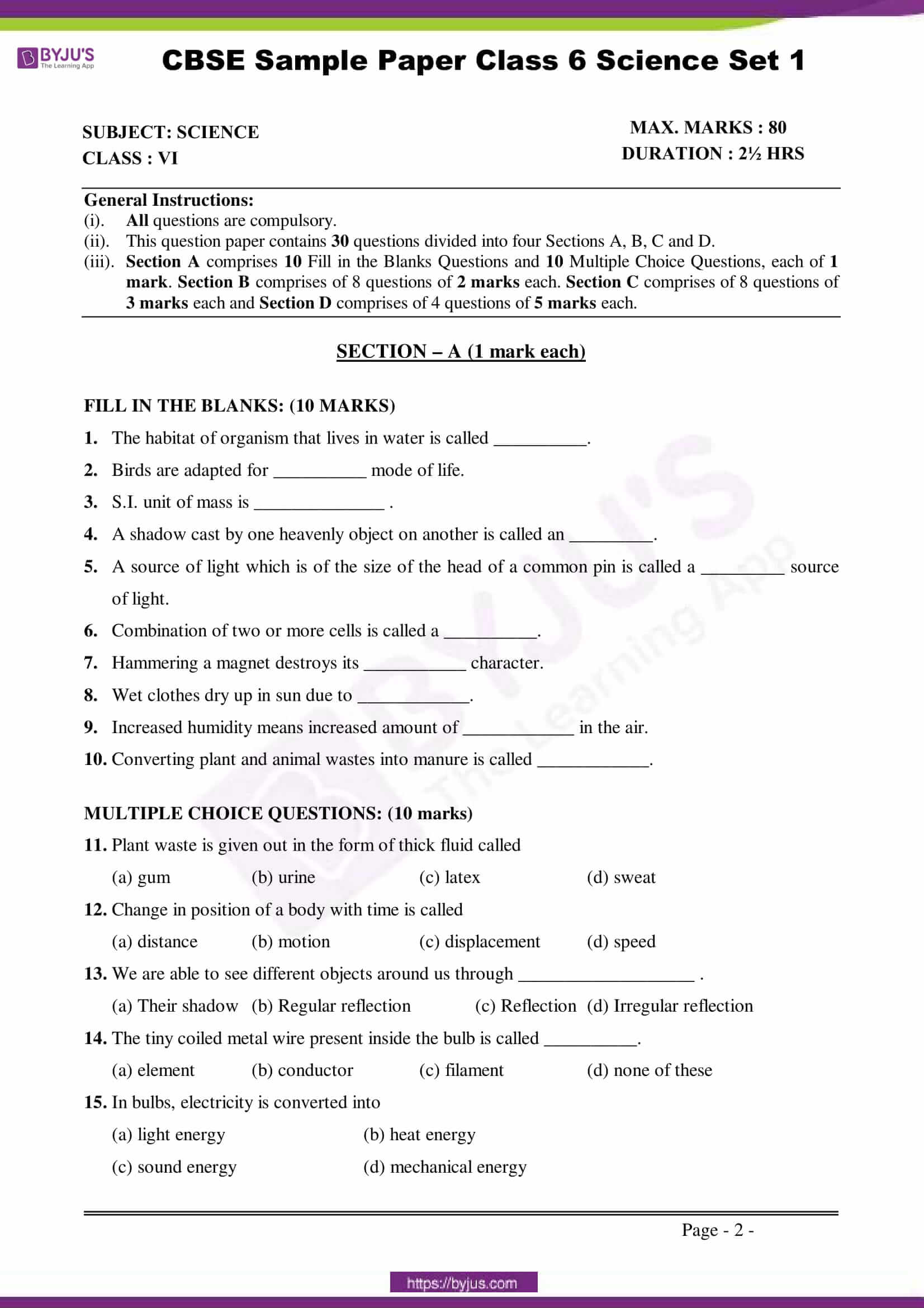 CBSE Sample Paper Class 6 Science Set 1 Download PDF 