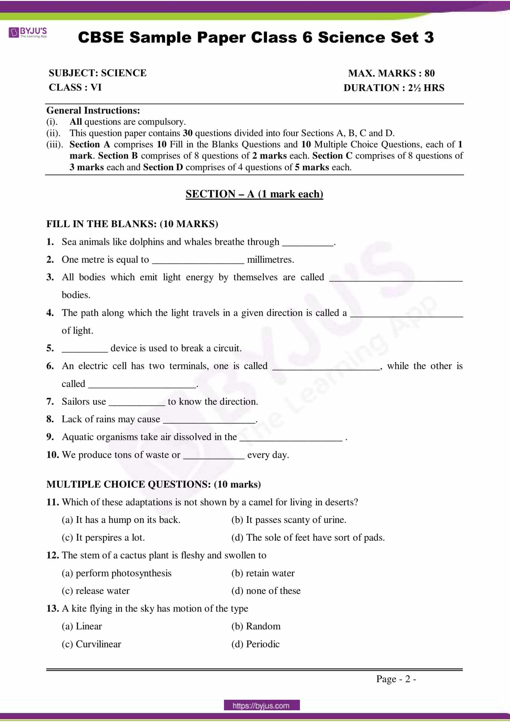 CBSE Sample Paper Class 6 Science Set 3 Download PDF 