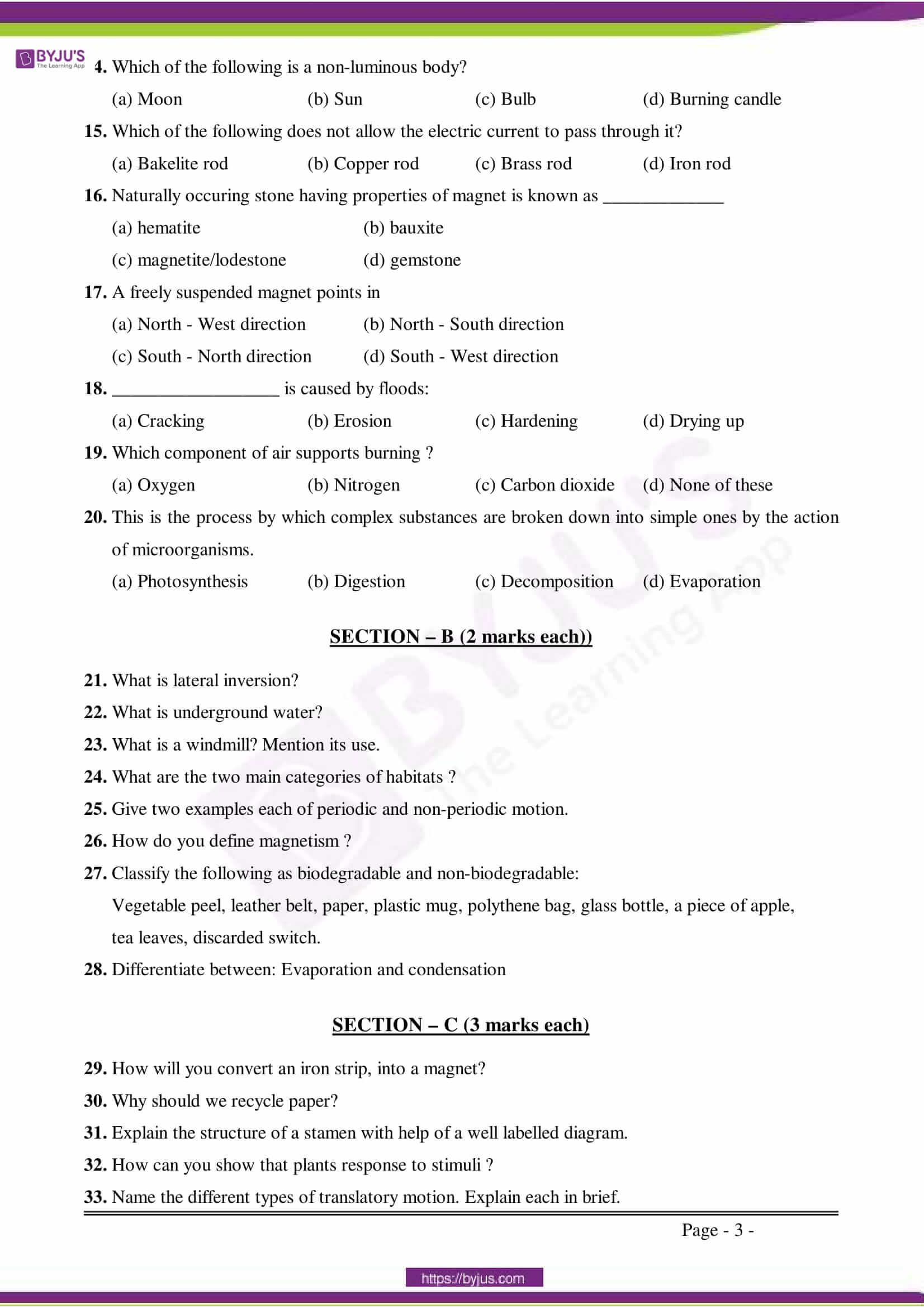 CBSE Sample Paper Class 6 Science Set 3 Download PDF 