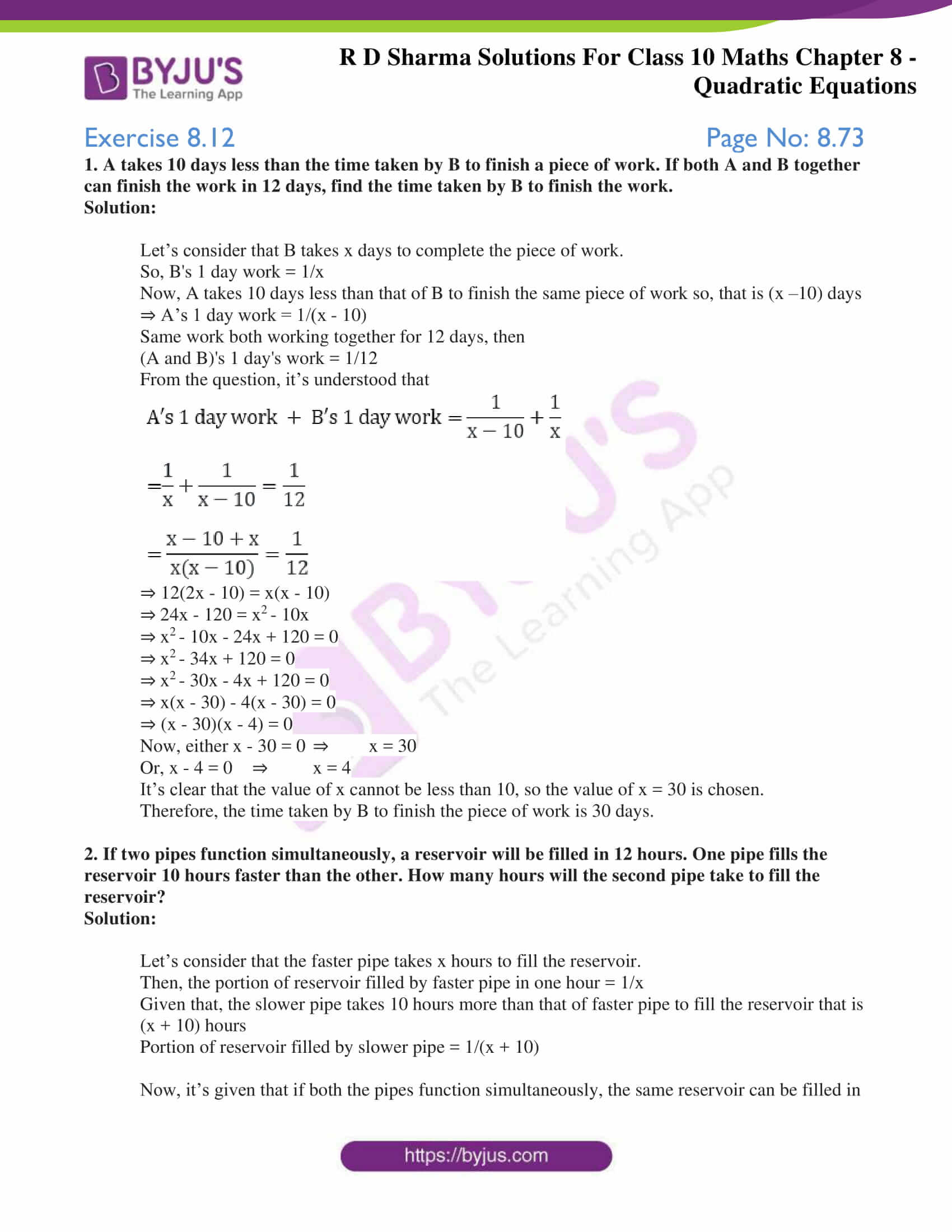 RD Sharma Solutions For Class 10 Chapter 8 Quadratic Equations Exercise RD Sharma Solutions For Class 10 Chapter 8 Quadratic Equations Exercise