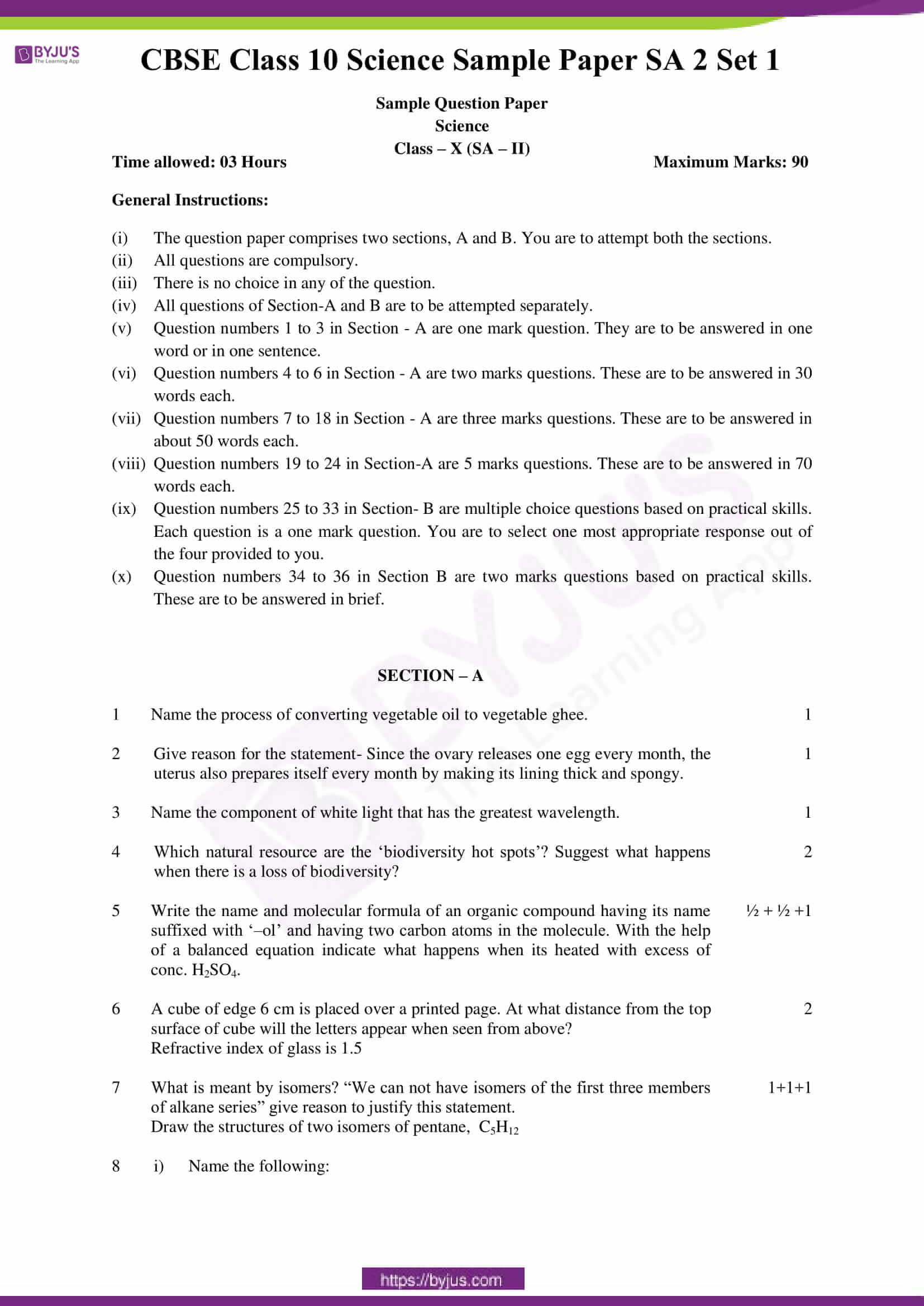 Cbse Sample Paper Class 10 Science Sa 2 Set 3 Download Pdf Riset