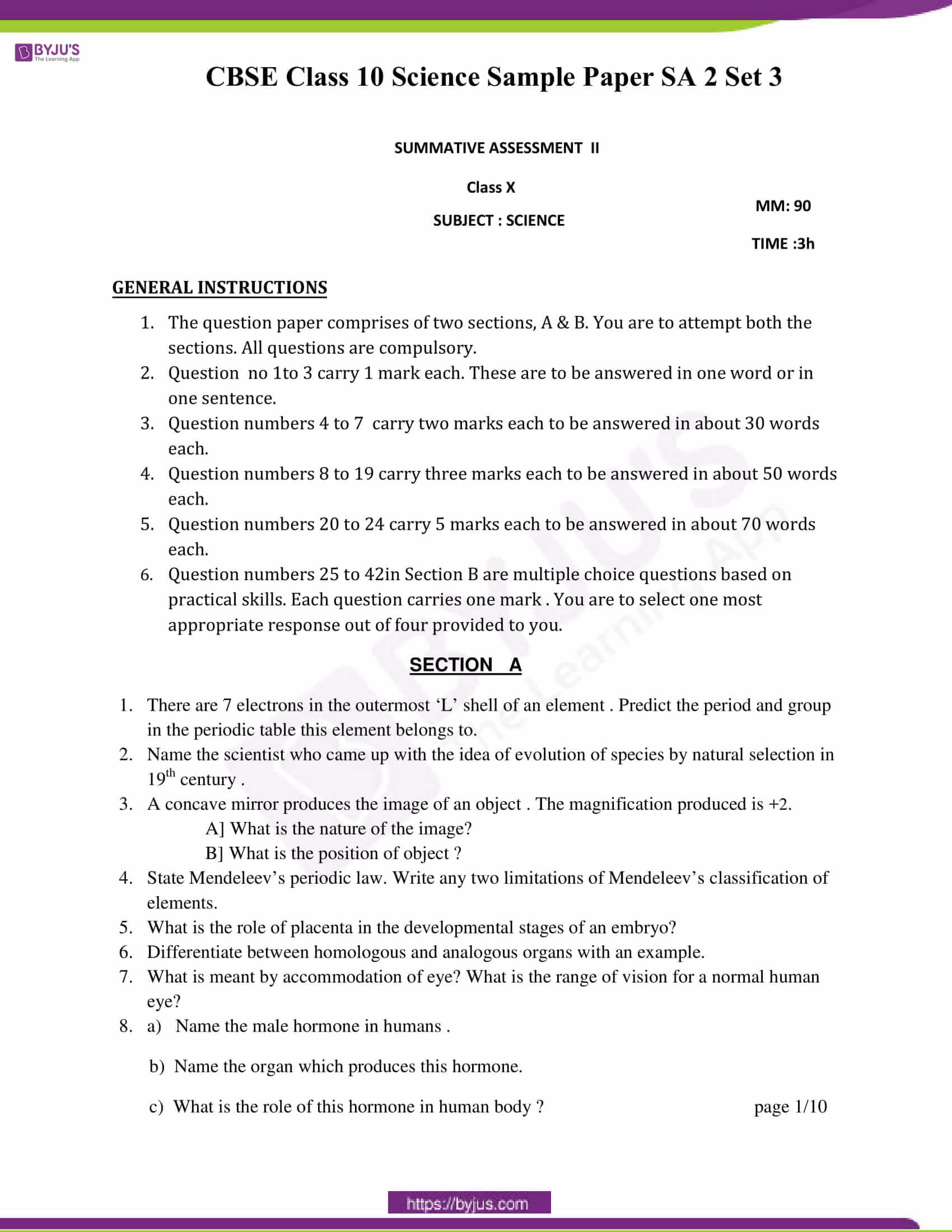 Cbse Sample Paper Class 9 Science Set 8 Solution Bank2home