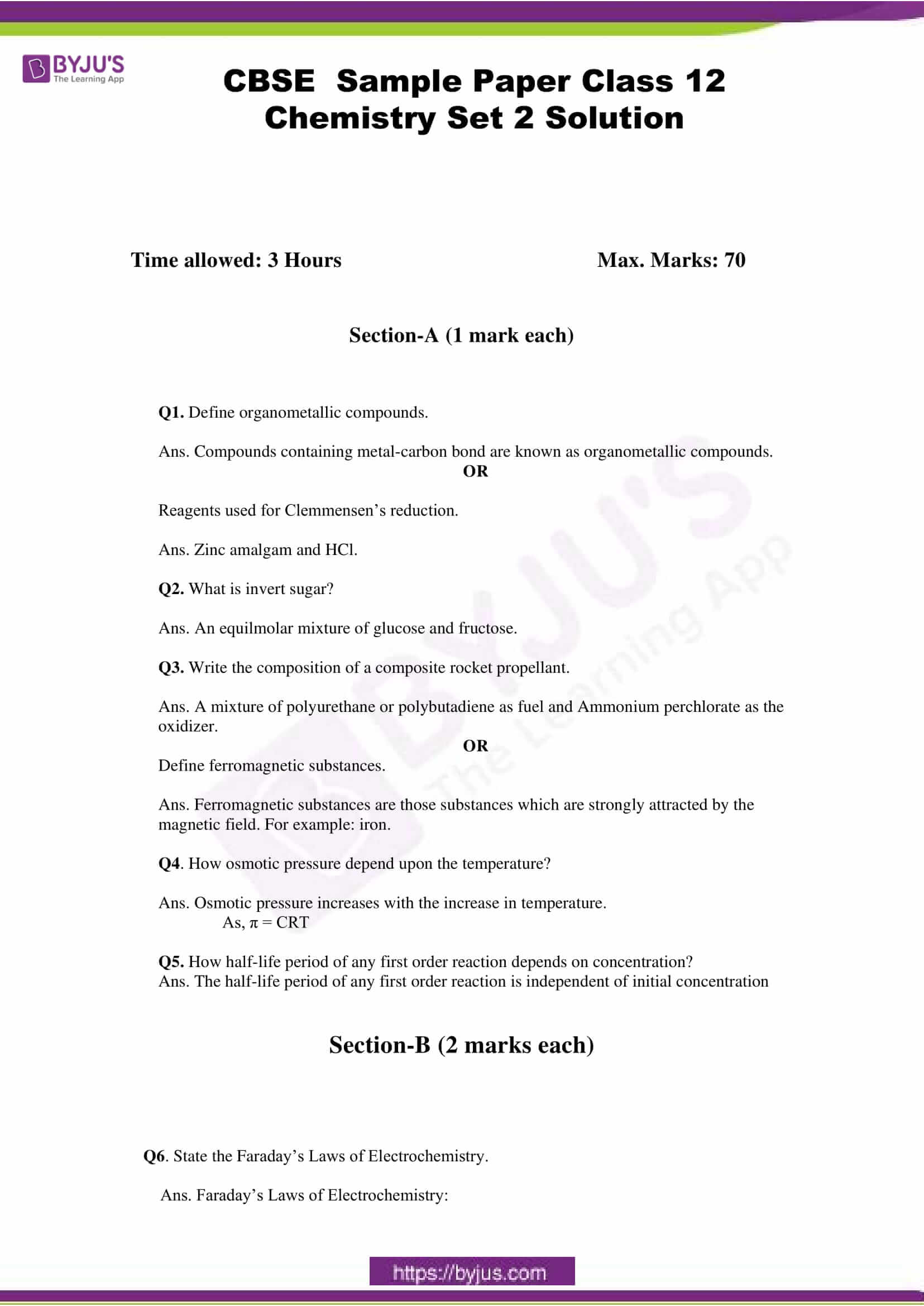 Cbse Class Chemistry Sample Paper Answer Key Examples Papers The Best 