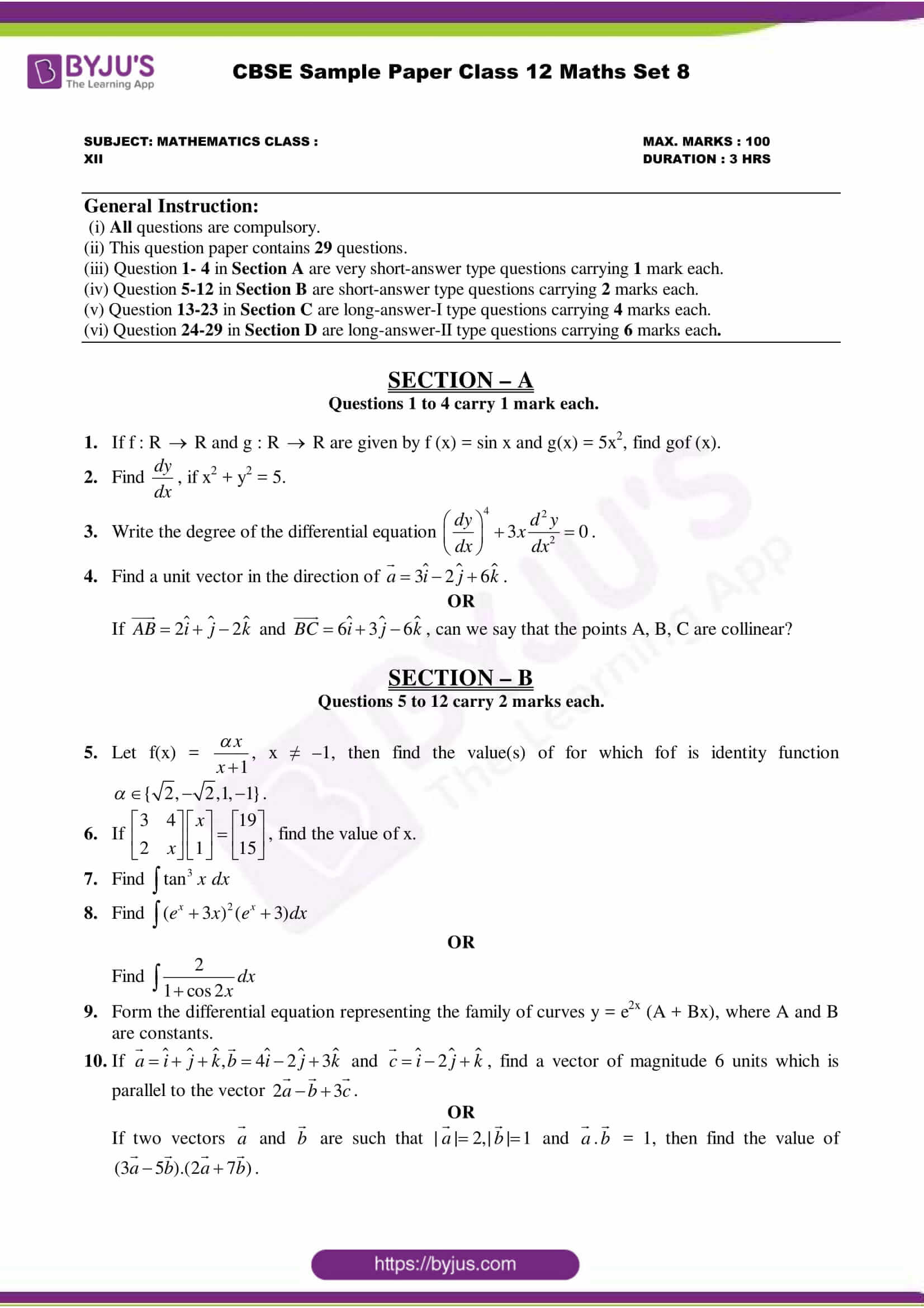 CBSE Class 12 Maths Sample Paper Set 8 Get PDF
