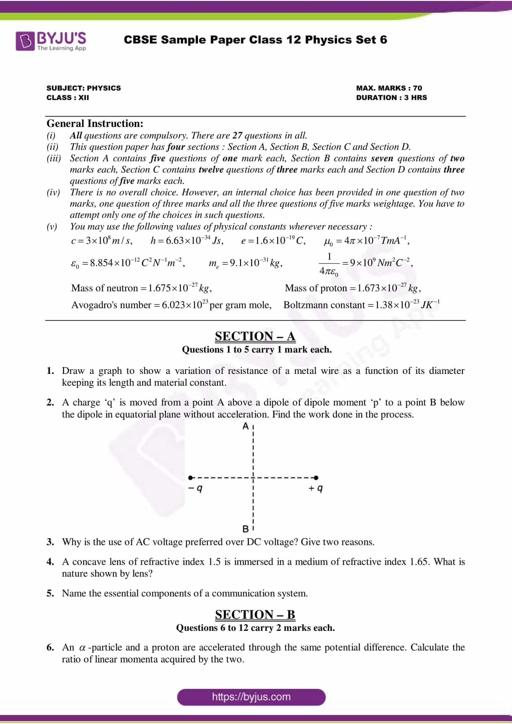 CBSE Class 12 Physics Sample Paper Set 6 Click To Download PDF 