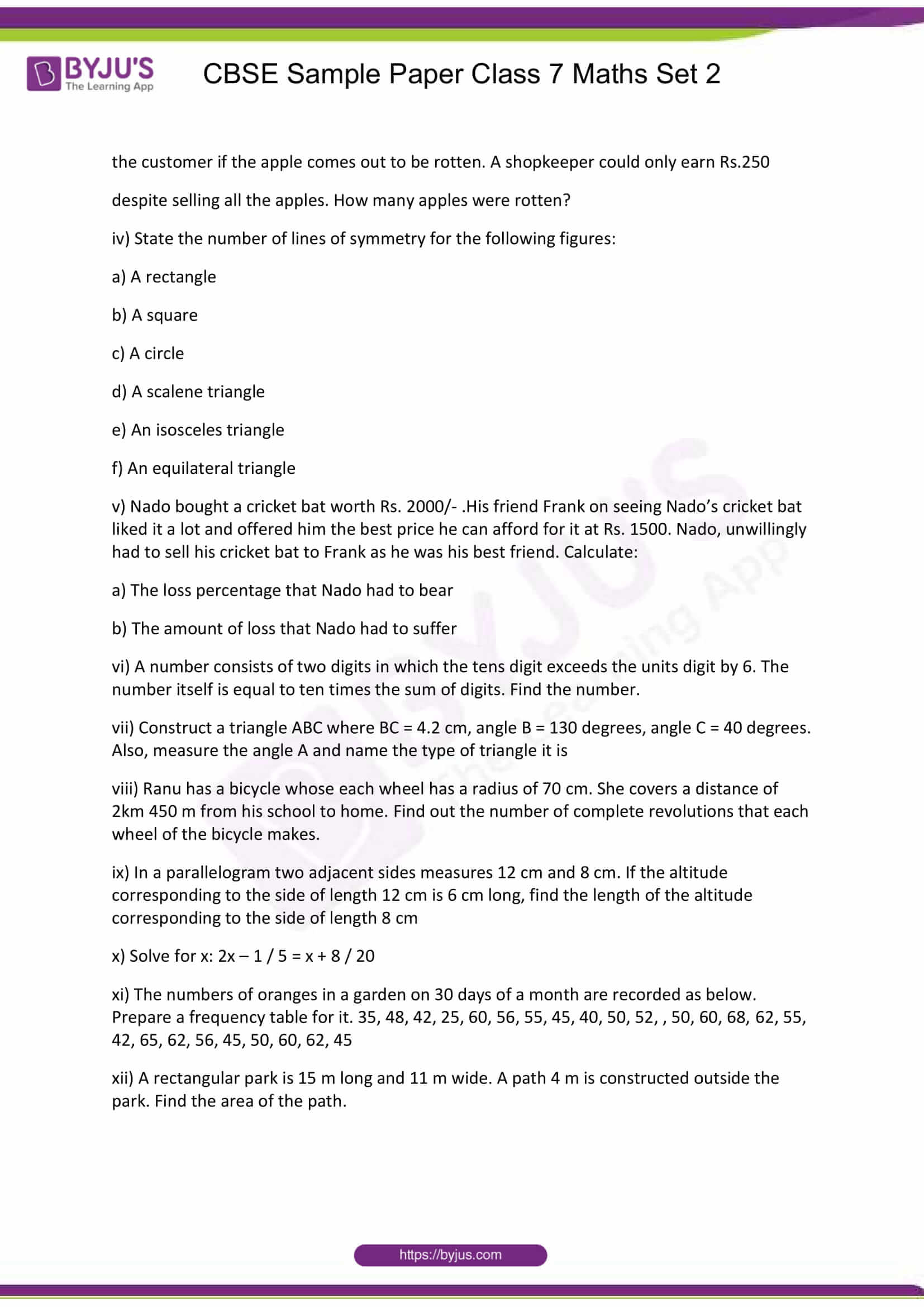Download CBSE Class 7 Maths Sample Paper Set 2 PDF