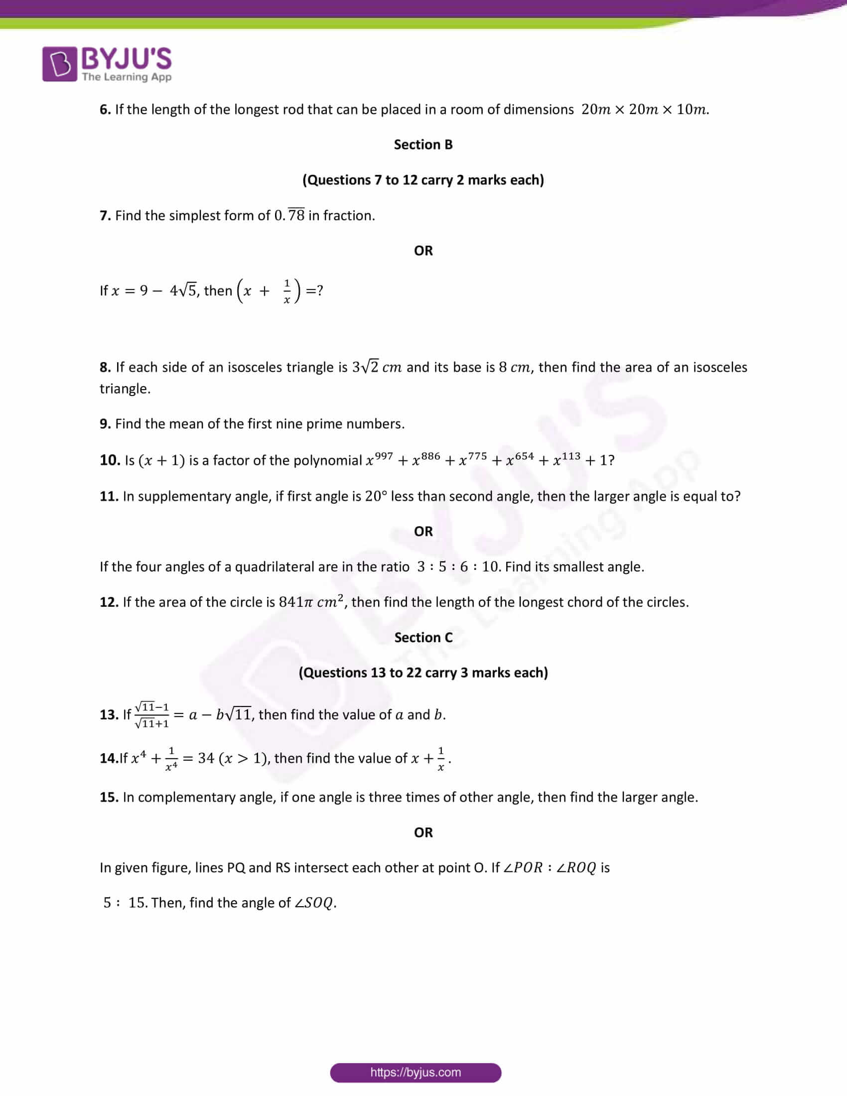 Cbse Class 9 Maths Sample Paper Set 8 Download Here Gambaran