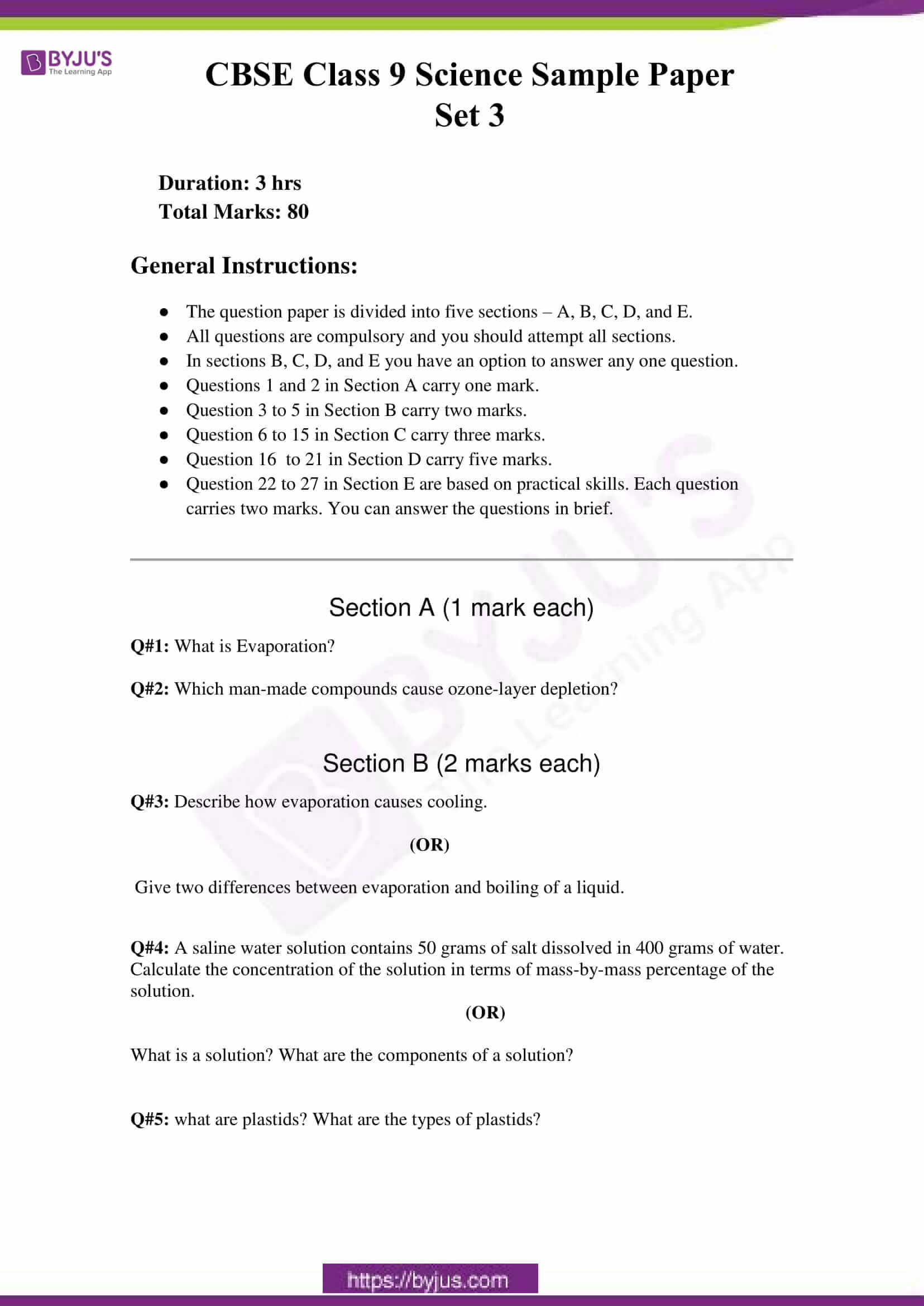 CBSE Sample Paper Class 9 Science Set 3 Click To Download PDF 